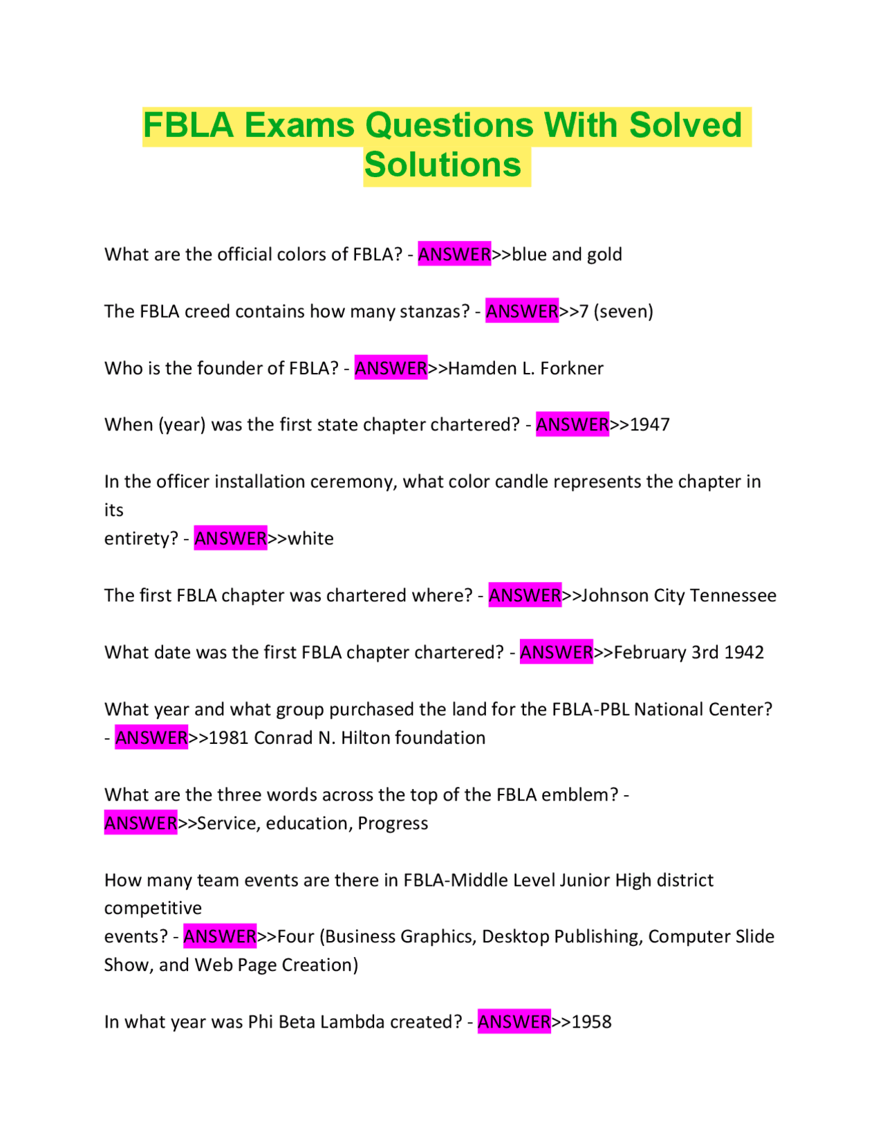 FBLA Exams Questions With Solved Solutions.pdf | Exams Nursing | Docsity
