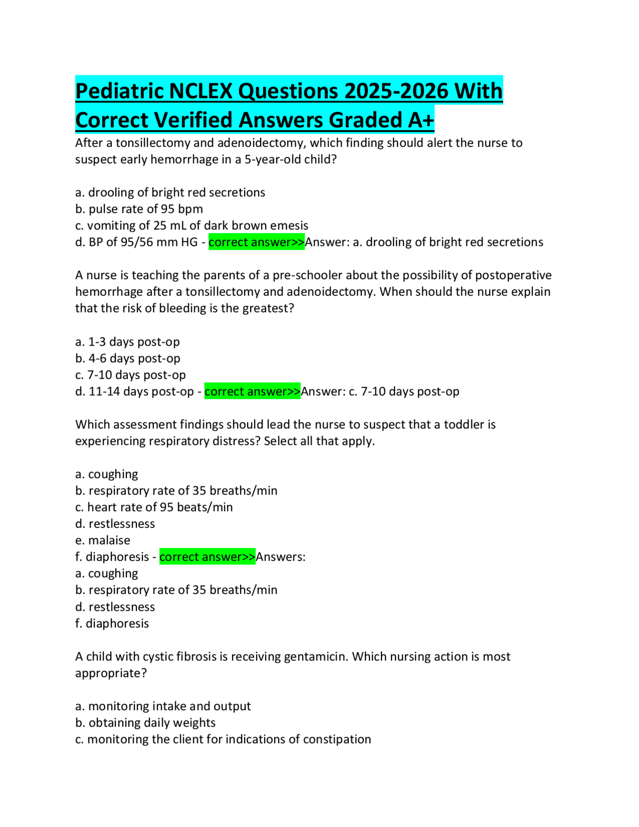 Pediatric NCLEX Questions 2025-2026 With Correct Verified Answers ...