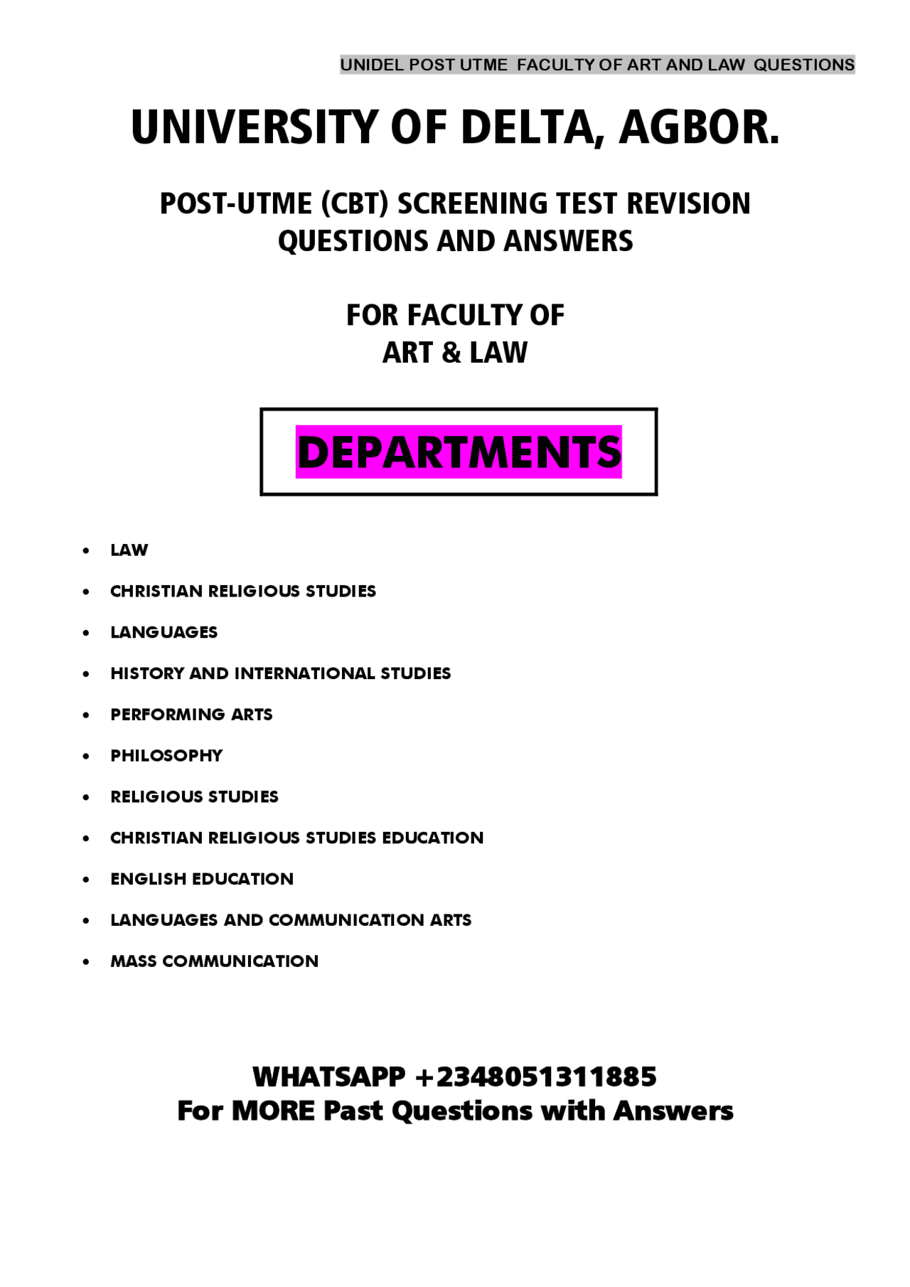 UNIDEL POST UTME Past Questions for Law and Art Free PDF Download ...