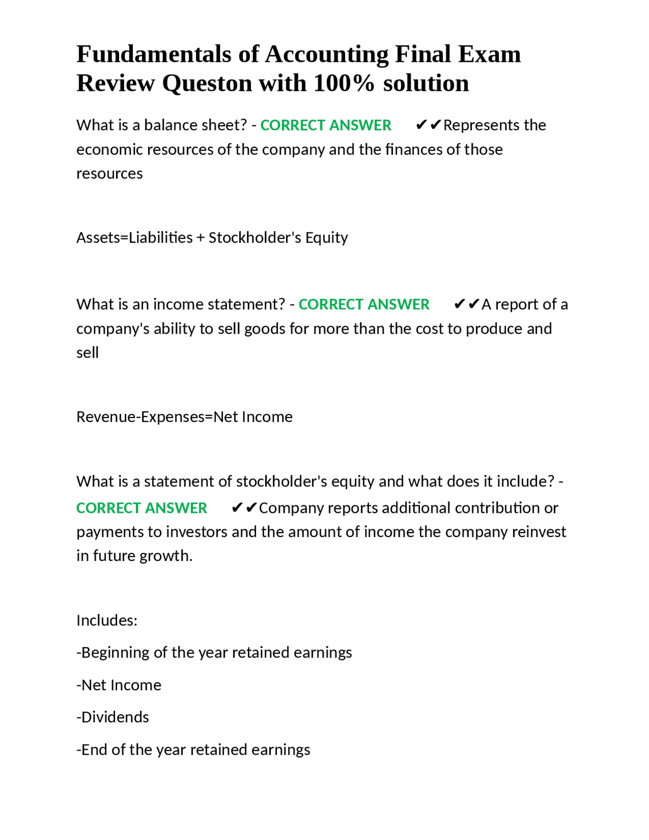 Fundamentals of Accounting Final Exam Review Queston with 100% solution ...