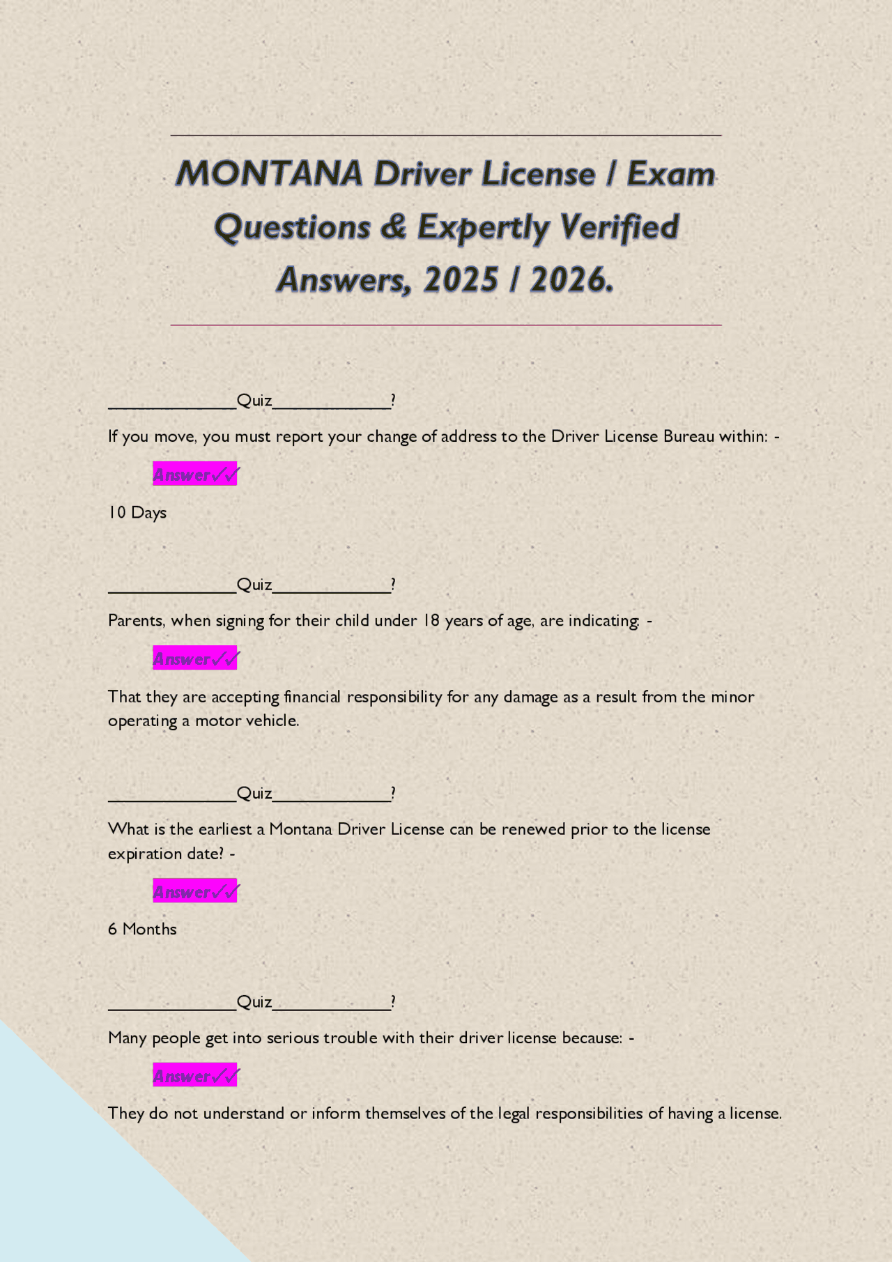 MONTANA Driver License / Exam Questions & Expertly Verified Answers ...