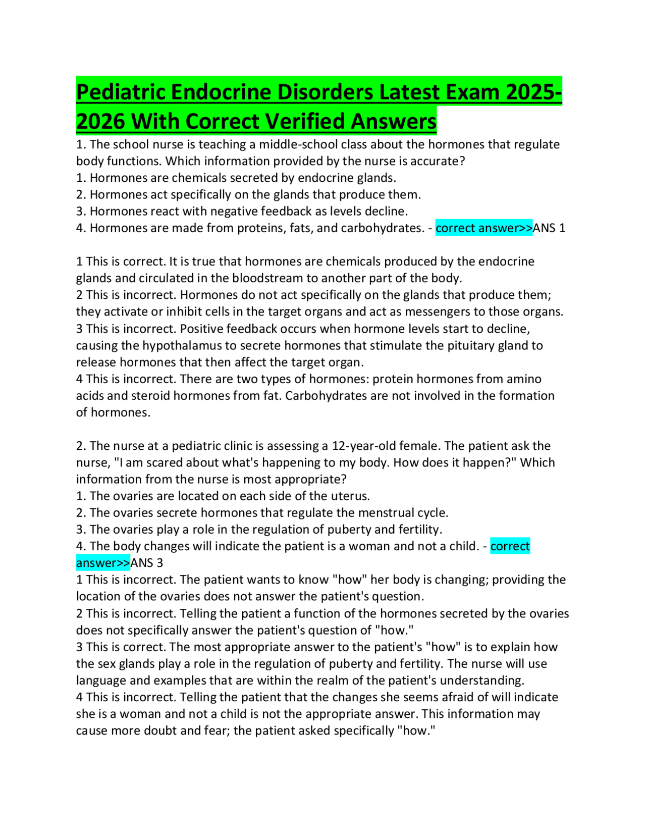 Pediatric Endocrine Disorders Latest Exam 2025 2026 With Correct ...