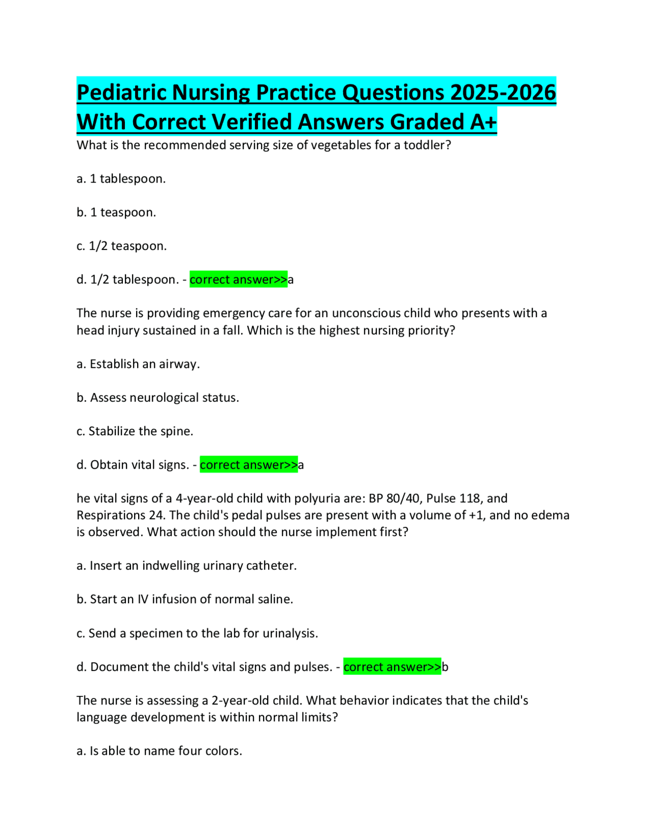 Pediatric Nursing Practice Questions 2025-2026 With Correct Verified ...