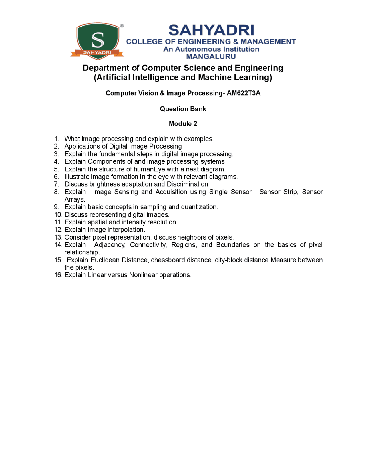 Image processing and Computer Vision Module 2 | Quizzes Digital Image Processing | Docsity