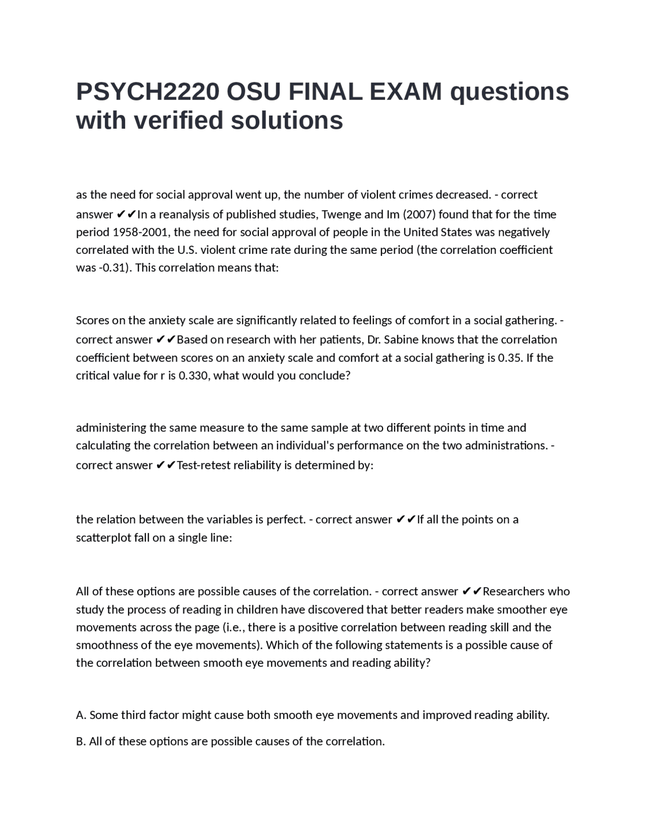 PSYCH2220 OSU FINAL EXAM questions with verified solutions | Exams ...