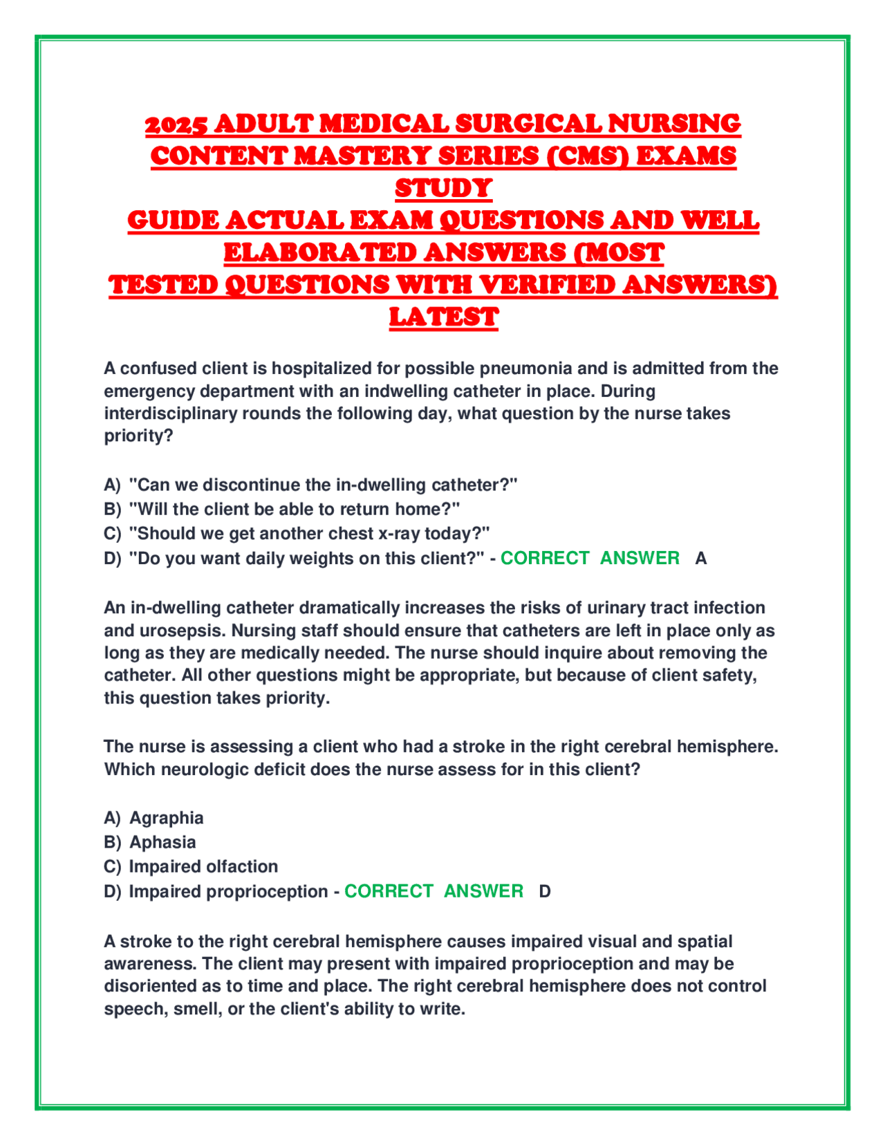 2025 ADULT MEDICAL SURGICAL NURSING CONTENT MASTERY SERIES (CMS) EXAMS STUDY GUIDE | Exams ...