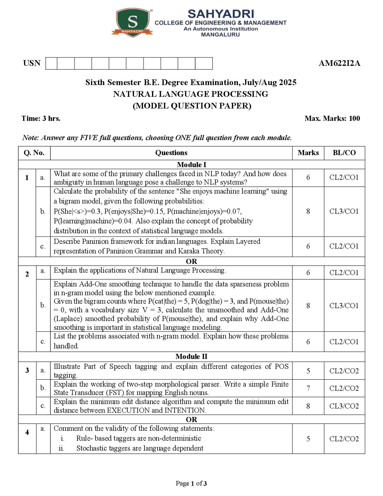 Natural Language Processing (NLP) model question paper | Exams Natural Language Processing (NLP ...