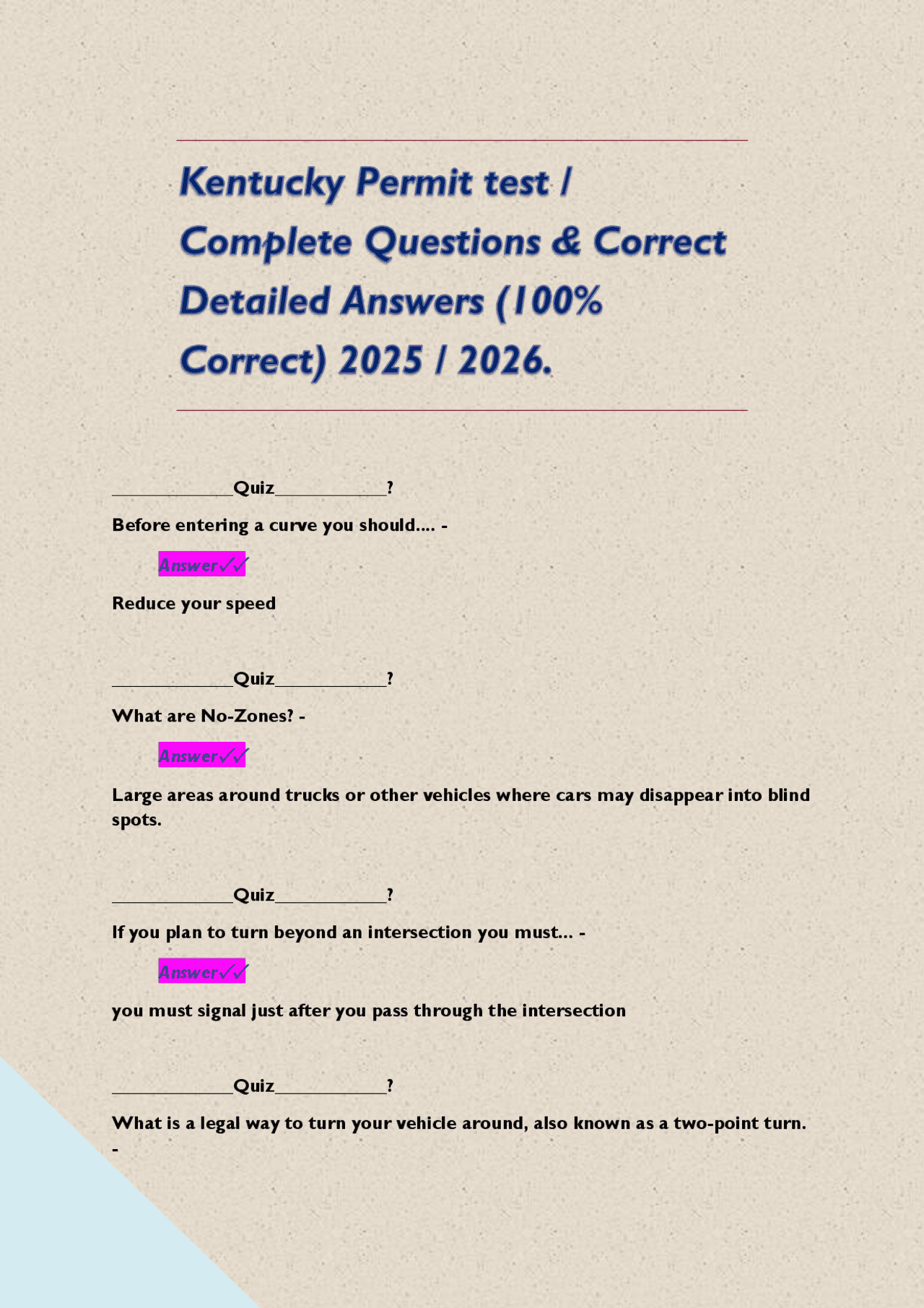 Kentucky Permit test / Complete Questions & Correct Detailed Answers ...