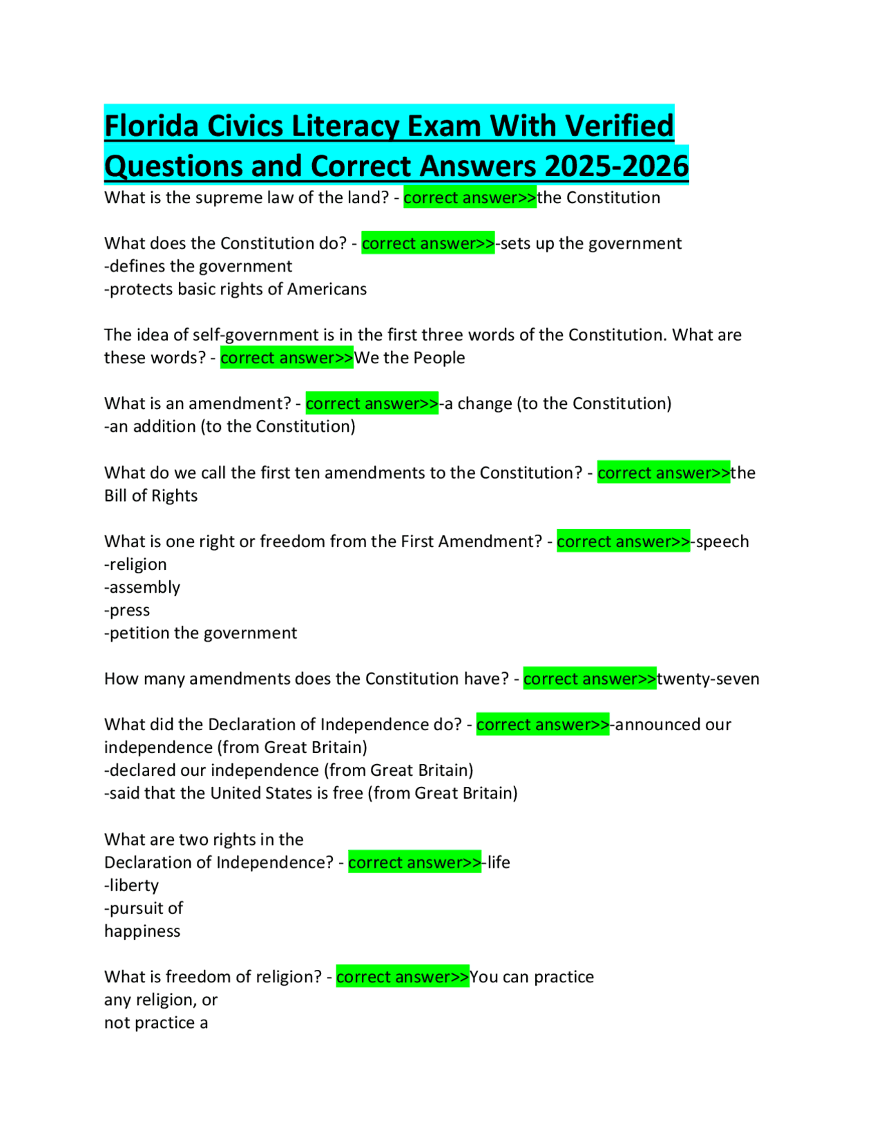 Florida Civics Literacy Exam With Verified Questions and Correct ...