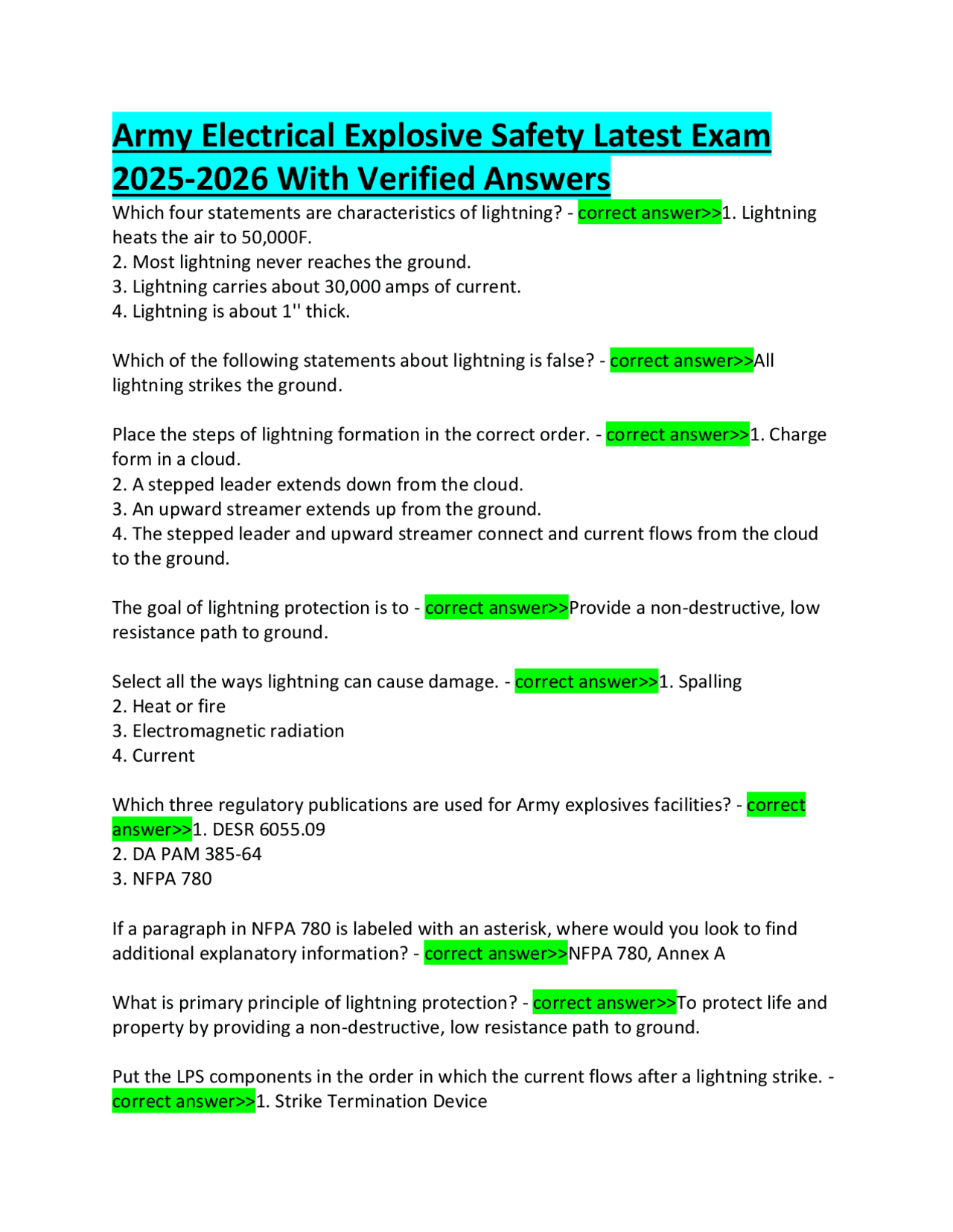 Army Electrical Explosive Safety Latest Exam 2025-2026 With Verified ...