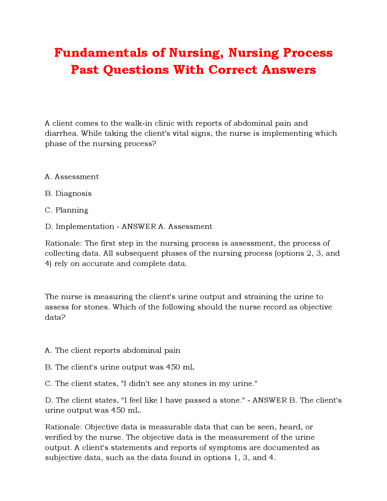 Fundamentals of Nursing, Nursing Process Past Questions With Correct ...