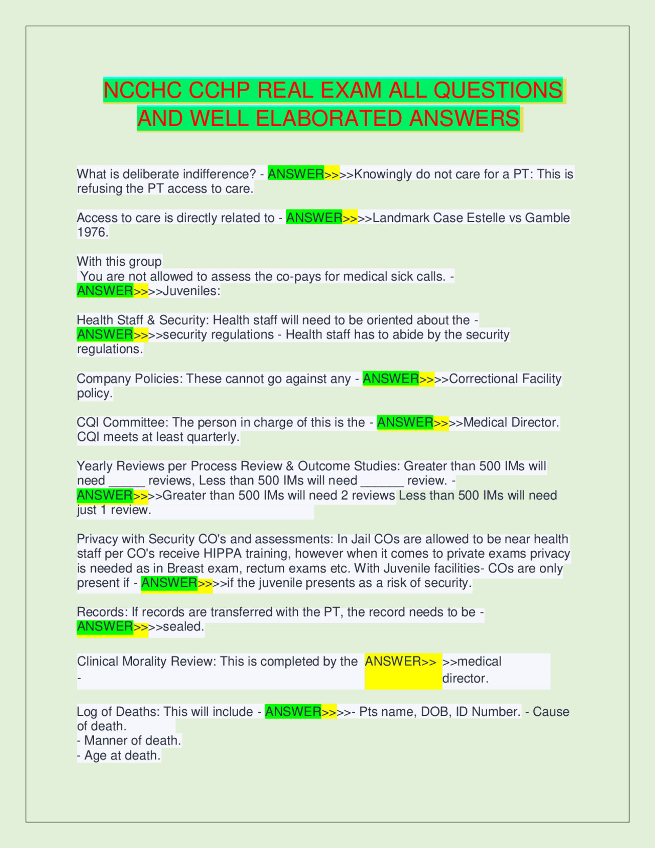 NCCHC CCHP REAL EXAM ALL QUESTIONS AND WELL E | Exams Nursing | Docsity