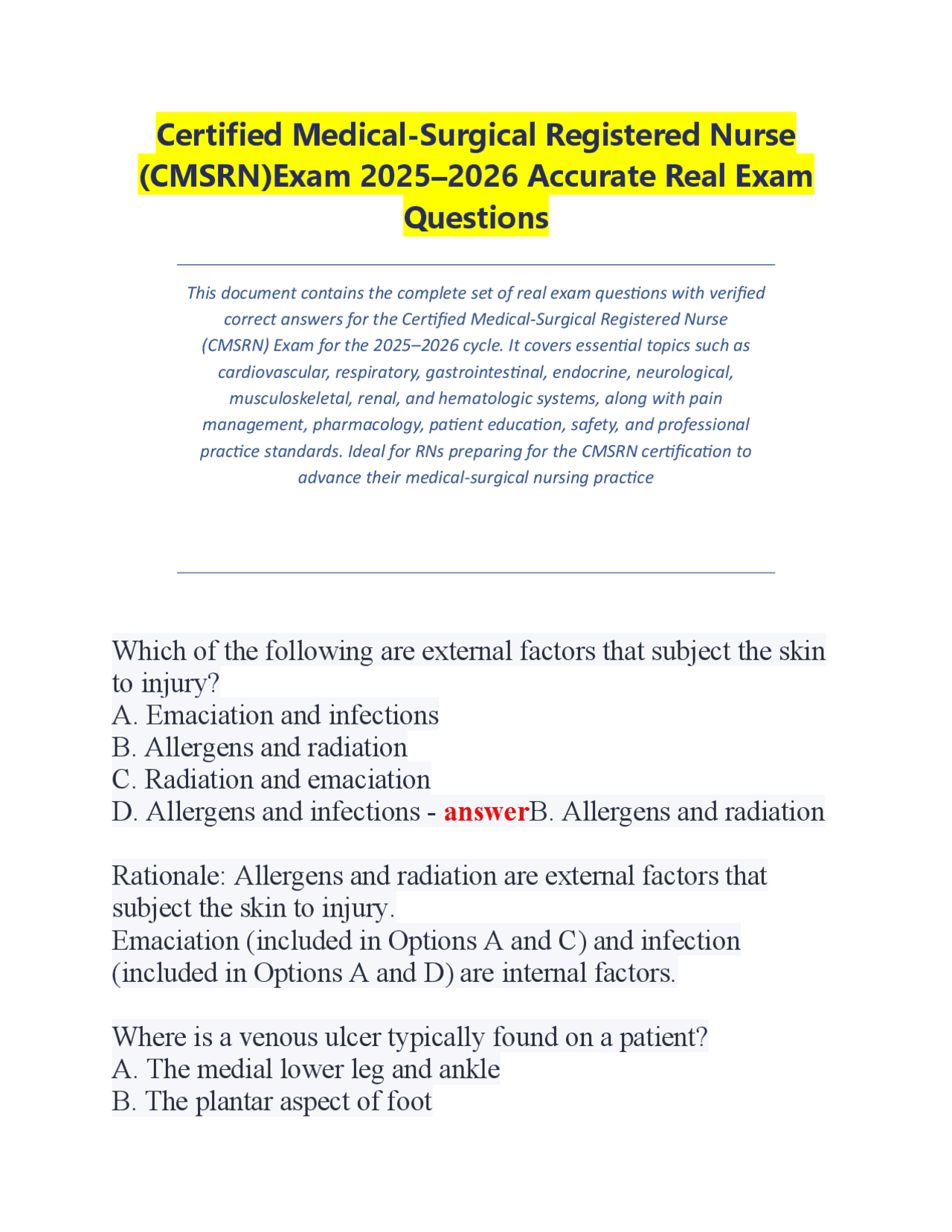 Certified Medical-Surgical Registered Nurse (CMSRN)Exam 2025–2026 ...