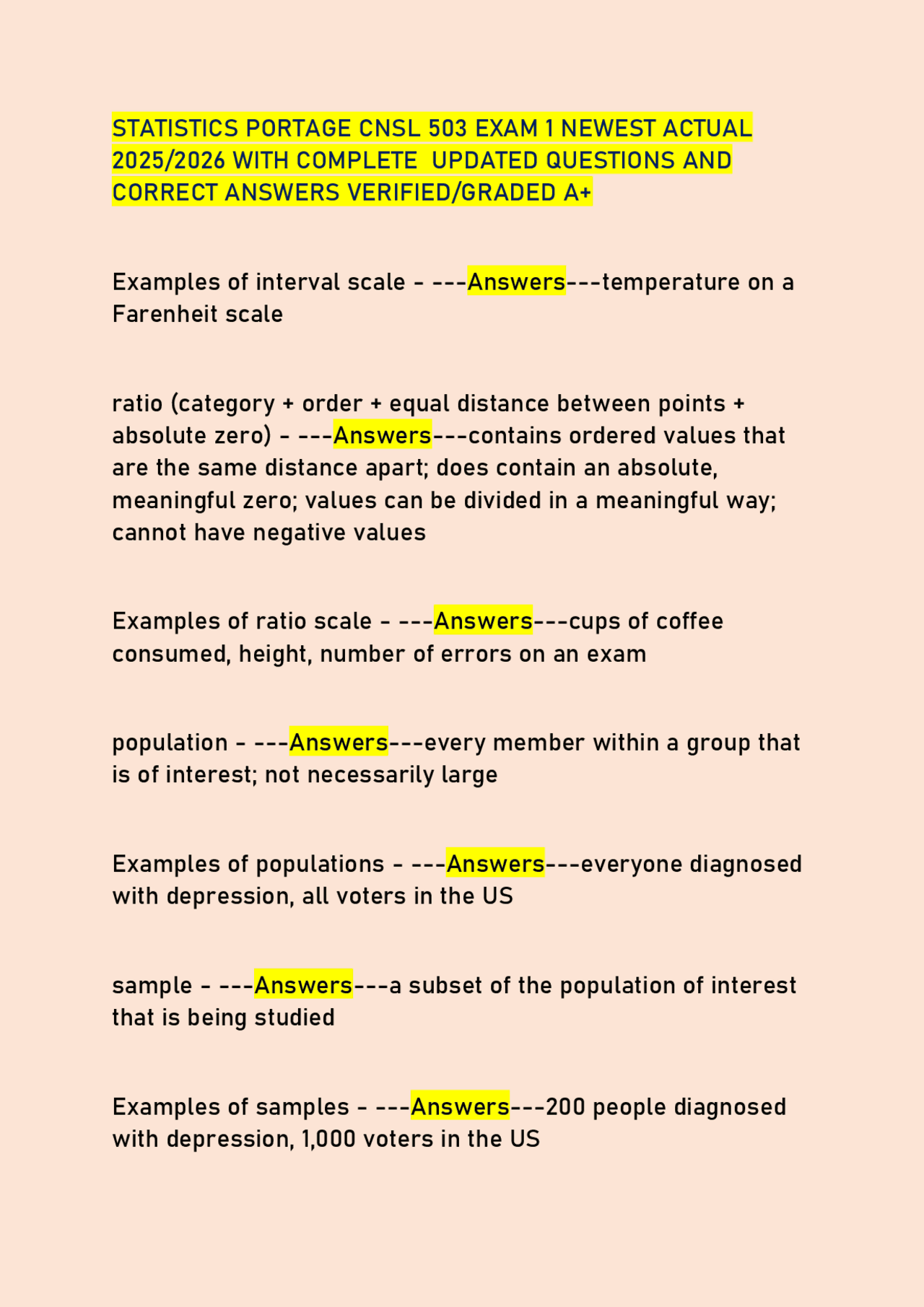 STATISTICS PORTAGE CNSL 503 EXAM 1 NEWEST ACTUAL 2025/2026 WITH COMPLETE UPDATED QUESTION ...