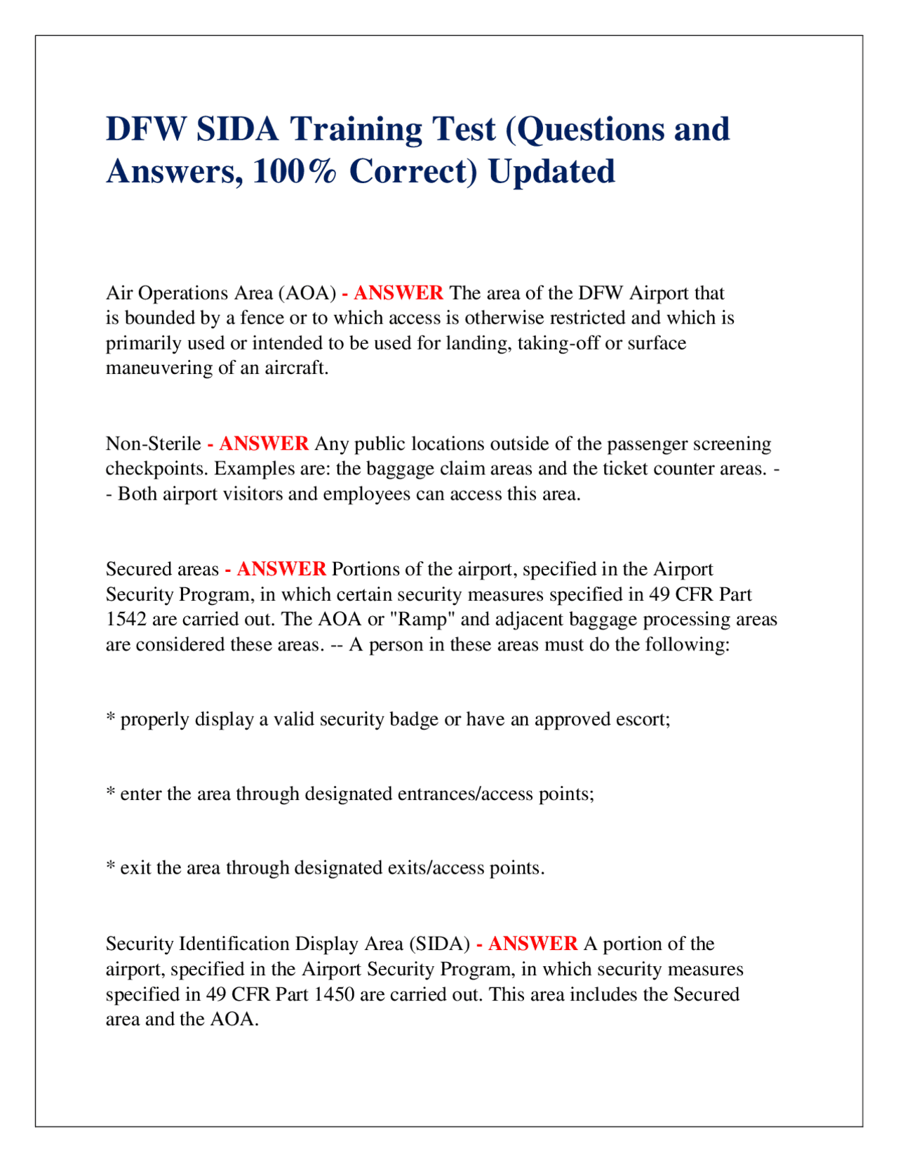 DFW SIDA Training Test (Questions and Answers, 100% Correct) | Exams ...