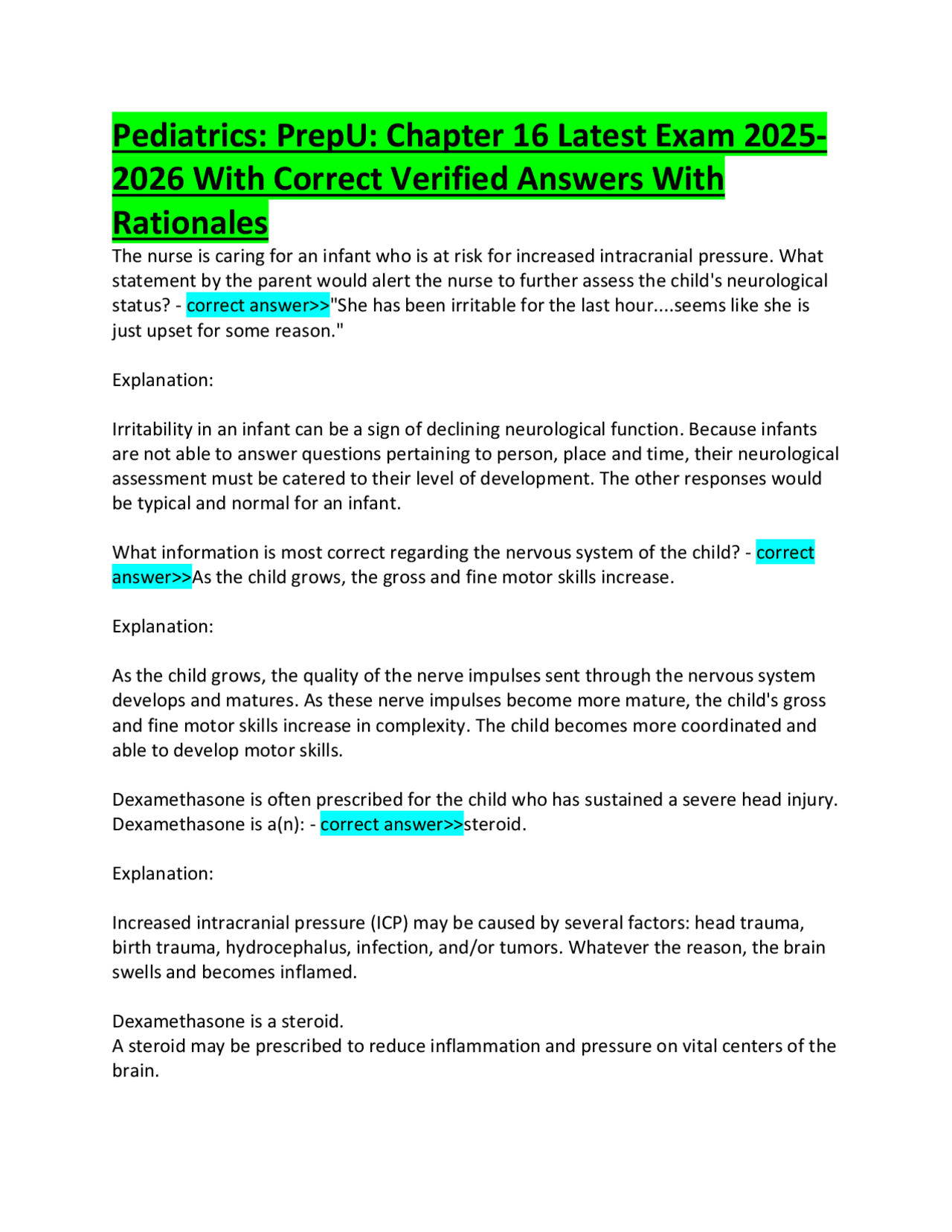 Pediatrics: PrepU: Chapter 16 Latest Exam 2025 2026 With Correct ...