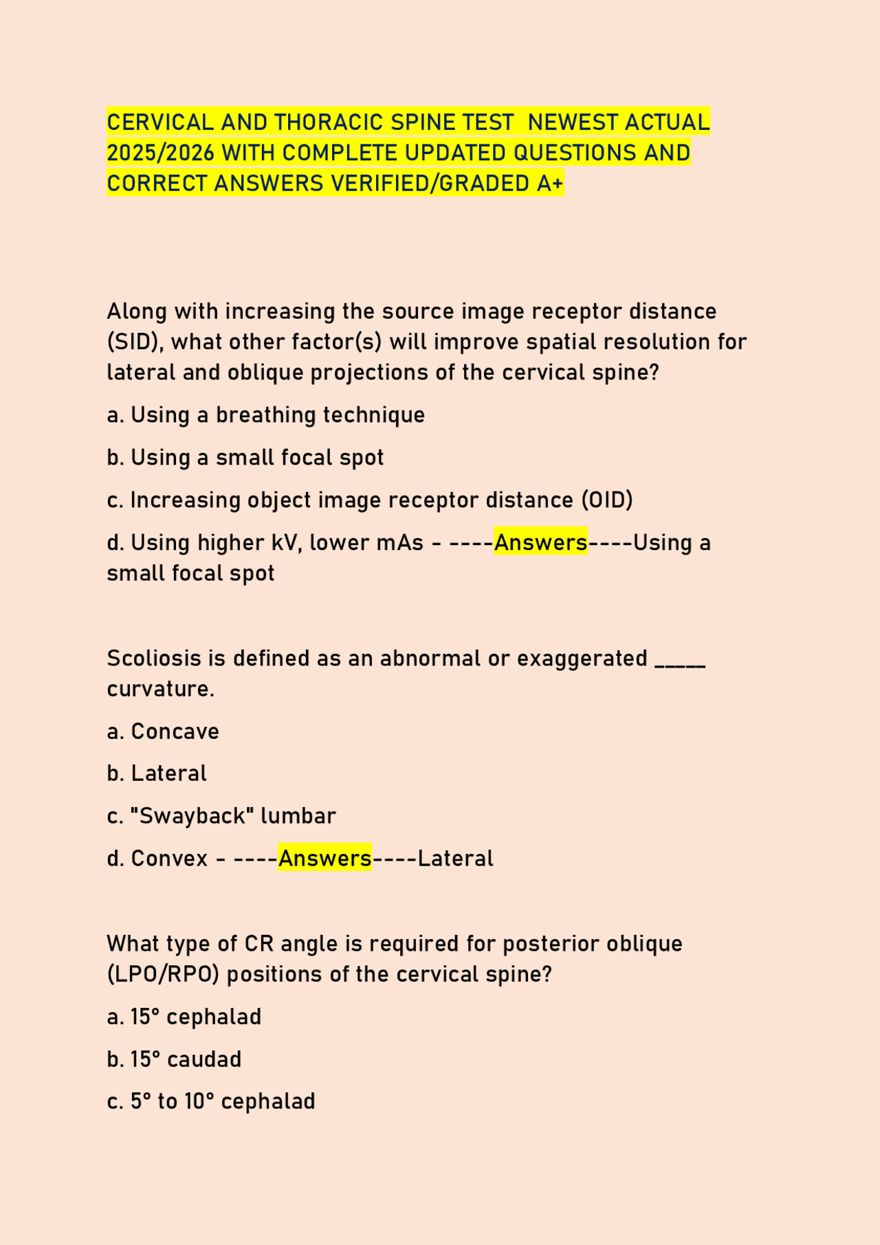 CERVICAL AND THORACIC SPINE TEST NEWEST ACTUAL 2025/2026 WITH COMPLETE ...