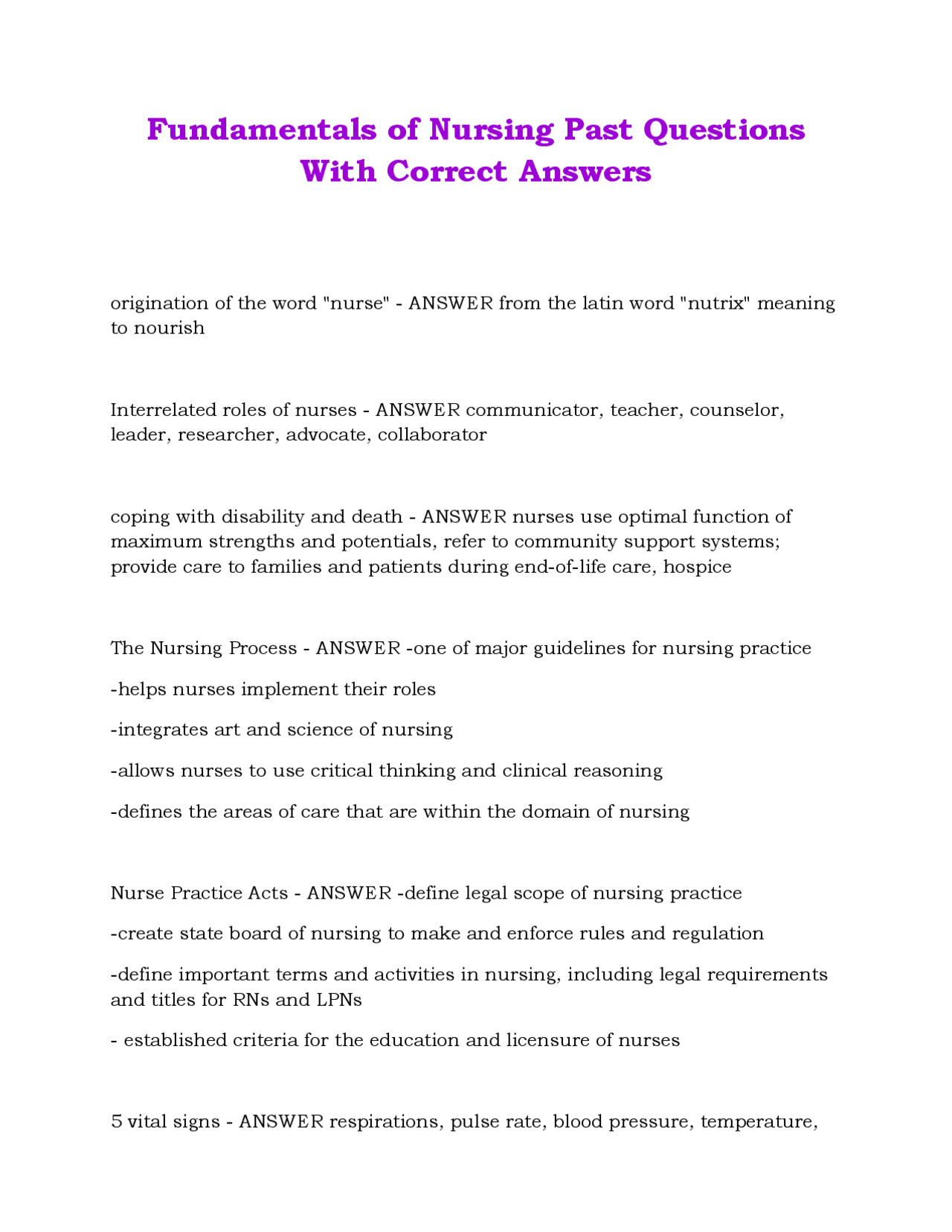 Fundamentals Of Nursing Past Questions With Correct Answers Exams