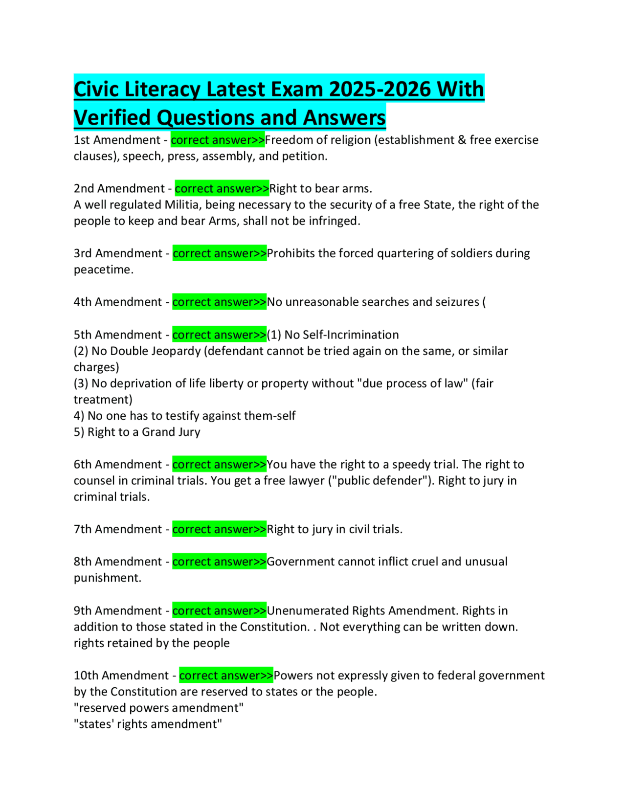 Civic Literacy Latest Exam 2025-2026 With Verified Questions and ...
