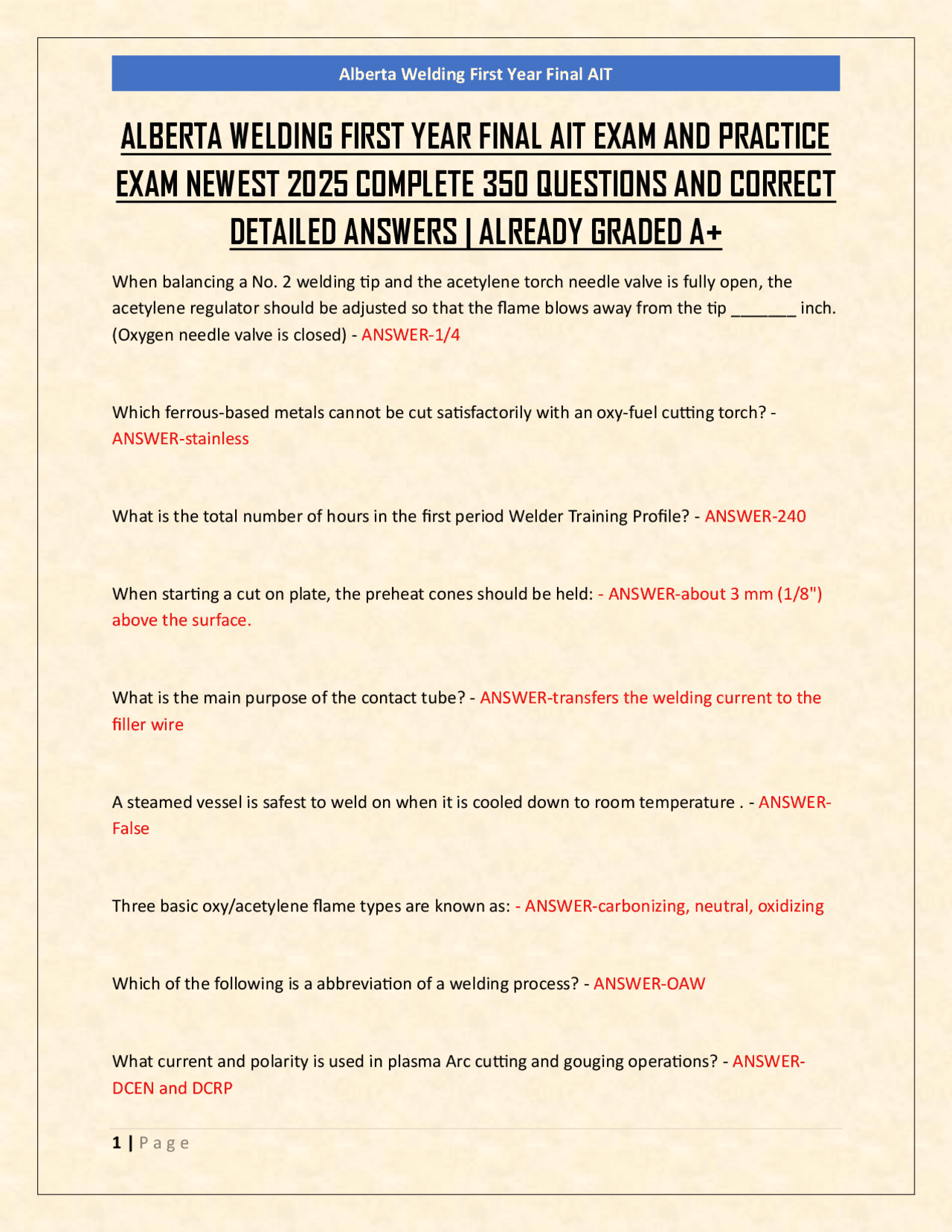 ALBERTA WELDING FIRST YEAR FINAL AIT EXAM AND PRACTICE EXAM NEWEST 2025 ...