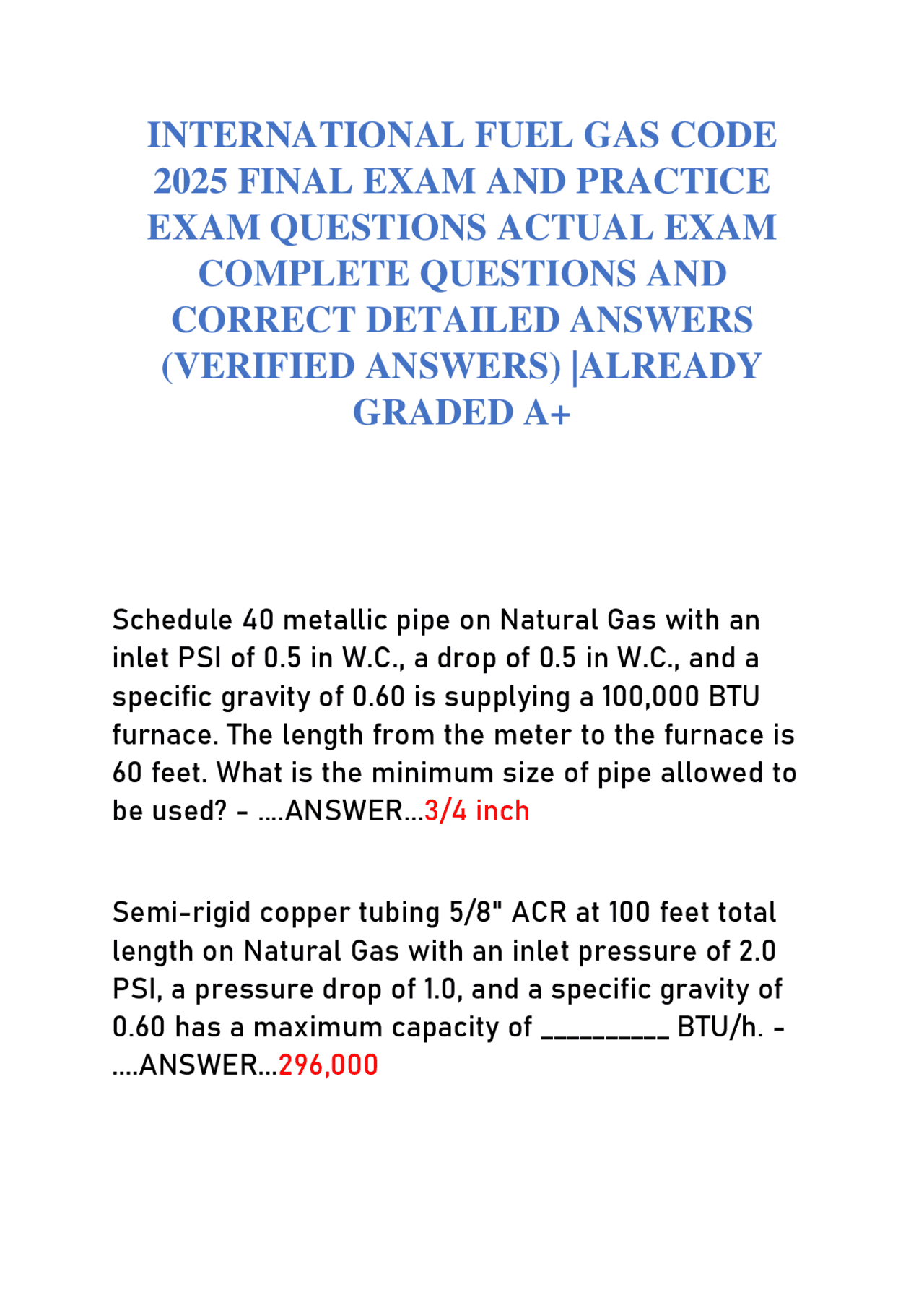 INTERNATIONAL FUEL GAS CODE 2025 FINAL EXAM AND PRACTICE EXAM QUESTIONS ...