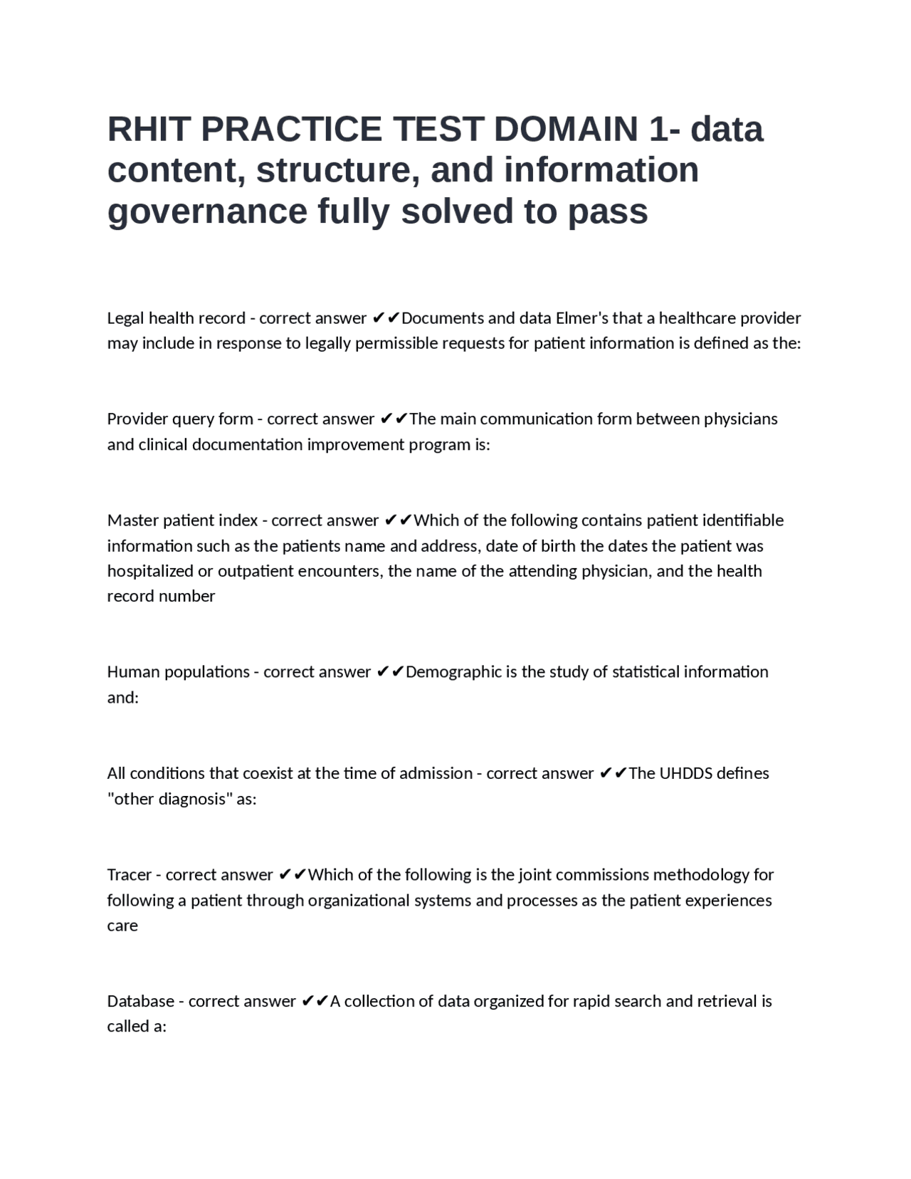 Health Informatics: Data Content and Governance Practice Test | Exams ...