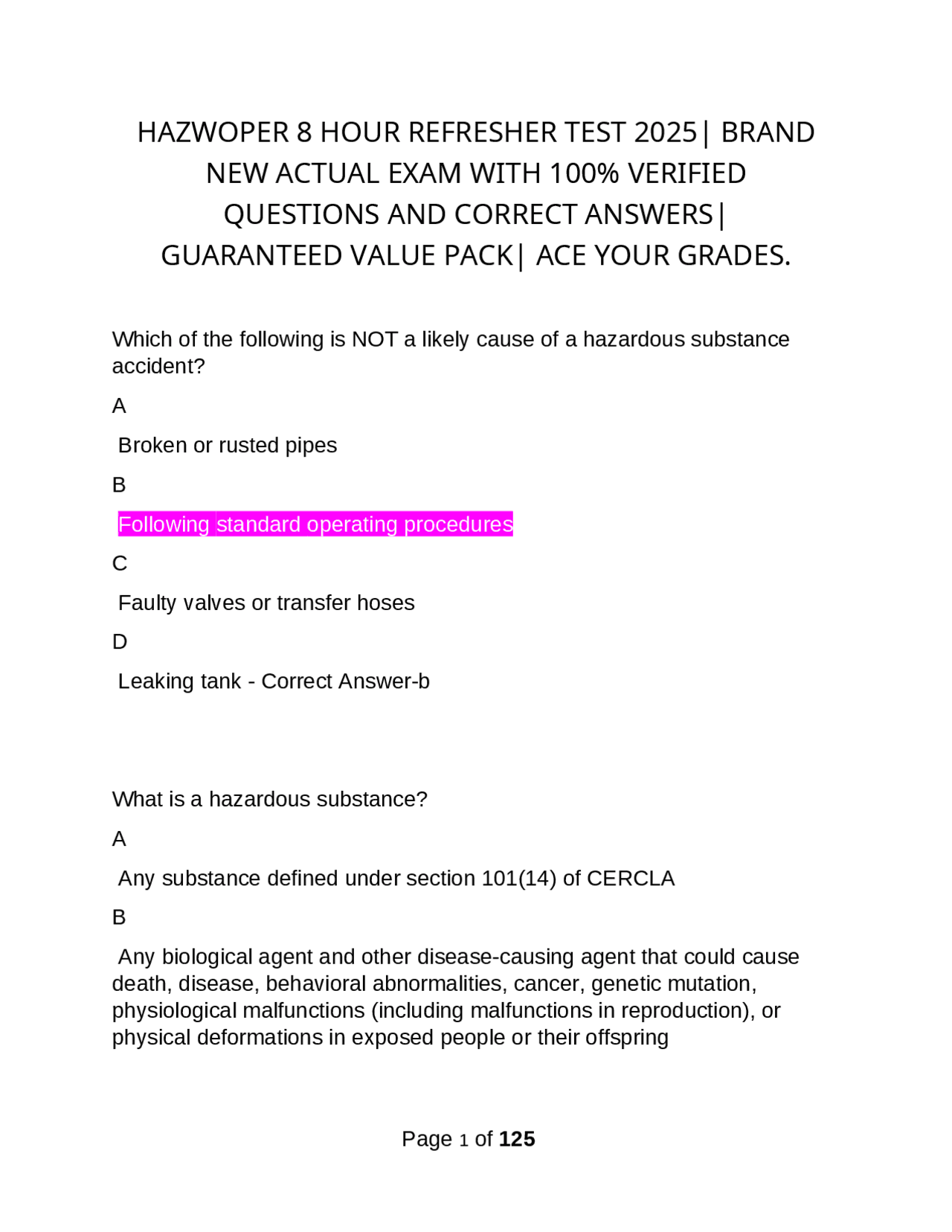 HAZWOPER 8-Hour Refresher Test 2025: Practice Exam with Verified ...