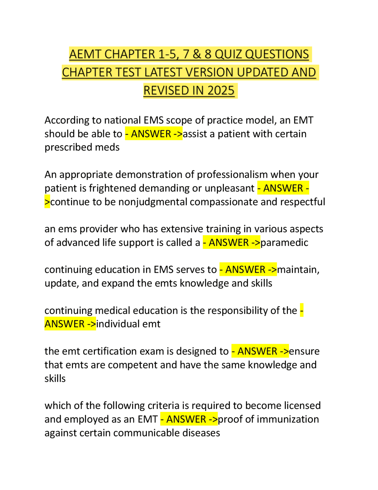 AEMT CHAPTER 1-5, 7 & 8 QUIZ QUESTIONS CHAPTER TEST LATEST VERSION ...