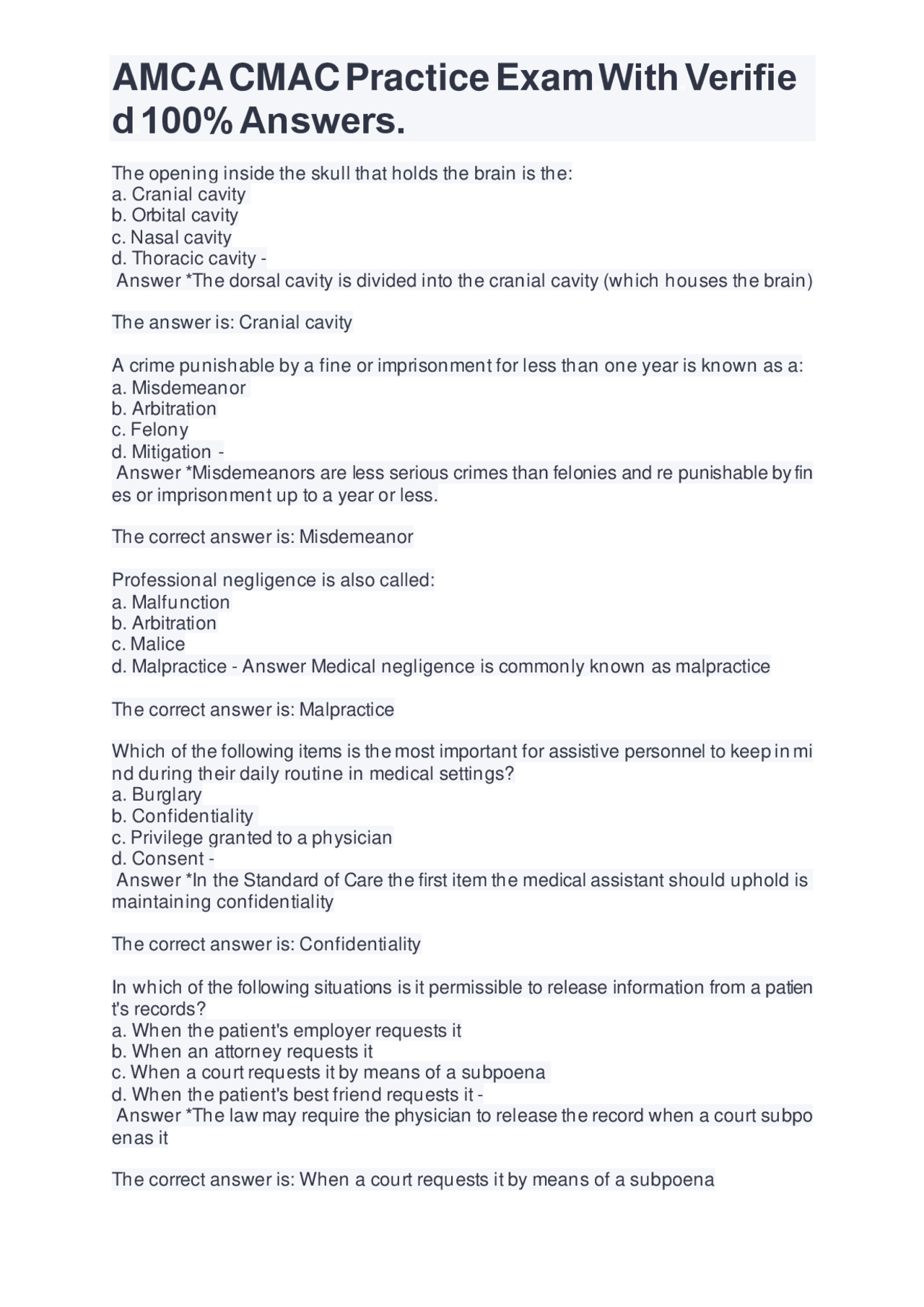 AMCA CMAC PRACTICE EXAM 2024 ACTUAL EXAM QUESTIONS WITH CORRECT ...