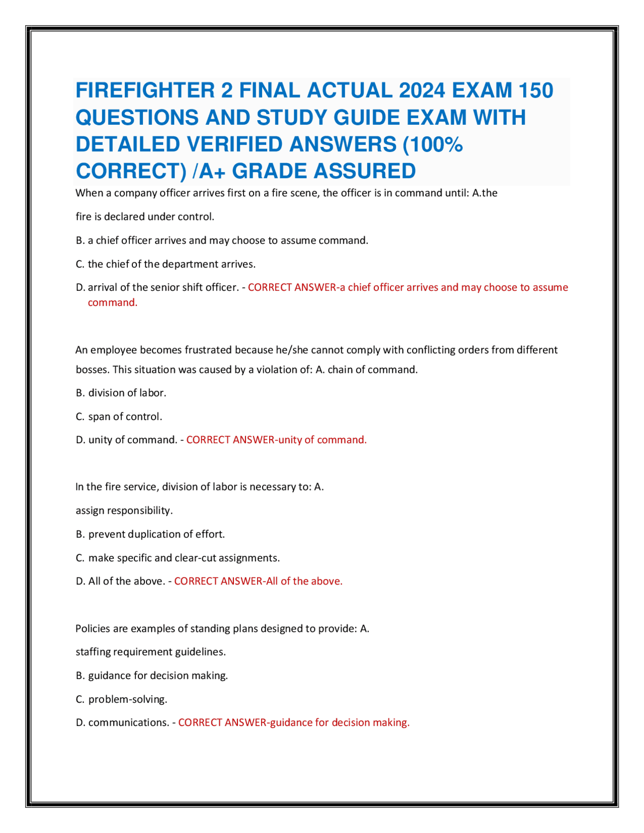 FIREFIGHTER 2 FINAL ACTUAL 2024 EXAM 150 QUESTIONS AND STUDY GUIDE EXAM WITH DETAILED | Exams ...
