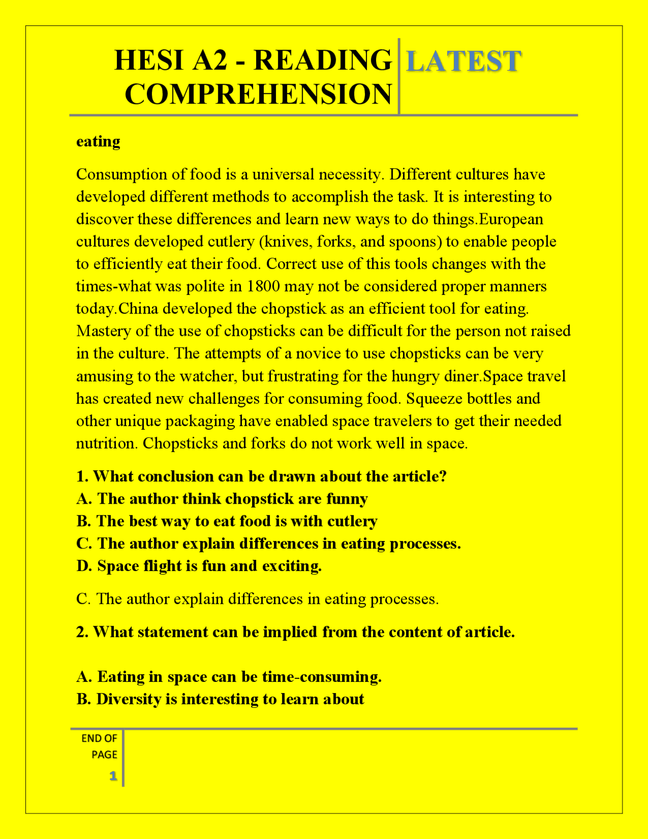 HESI A2 - READING COMPREHENSION QUESTIONS AND ANSWERS 2025 | Exams ...