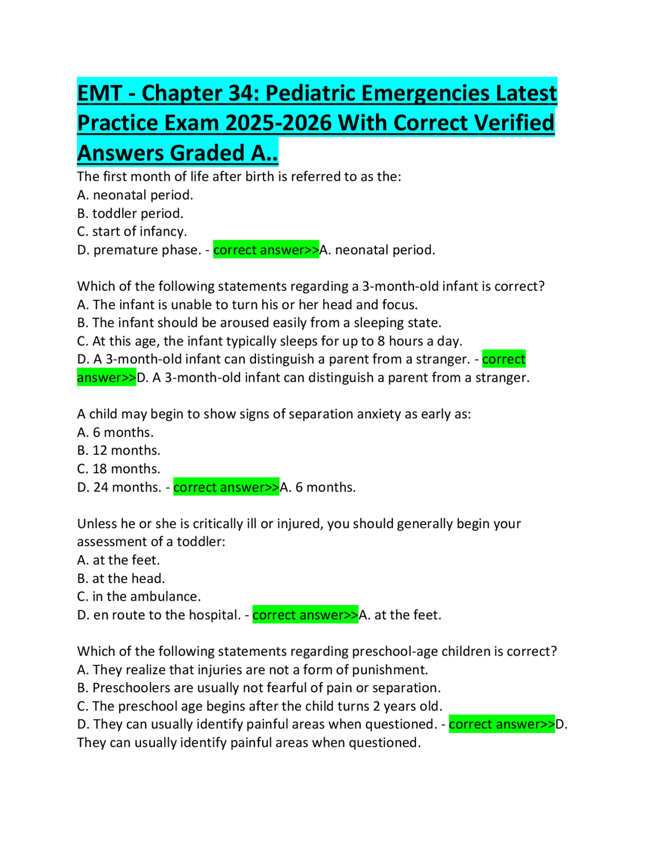 EMT - Chapter 34: Pediatric Emergencies Latest Practice Exam 2025-2026 ...