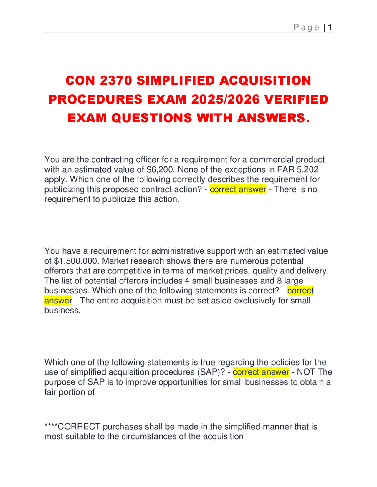 CON 2370 SIMPLIFIED ACQUISITION PROCEDURES 2025/2026 VERIFIED EXAM ...