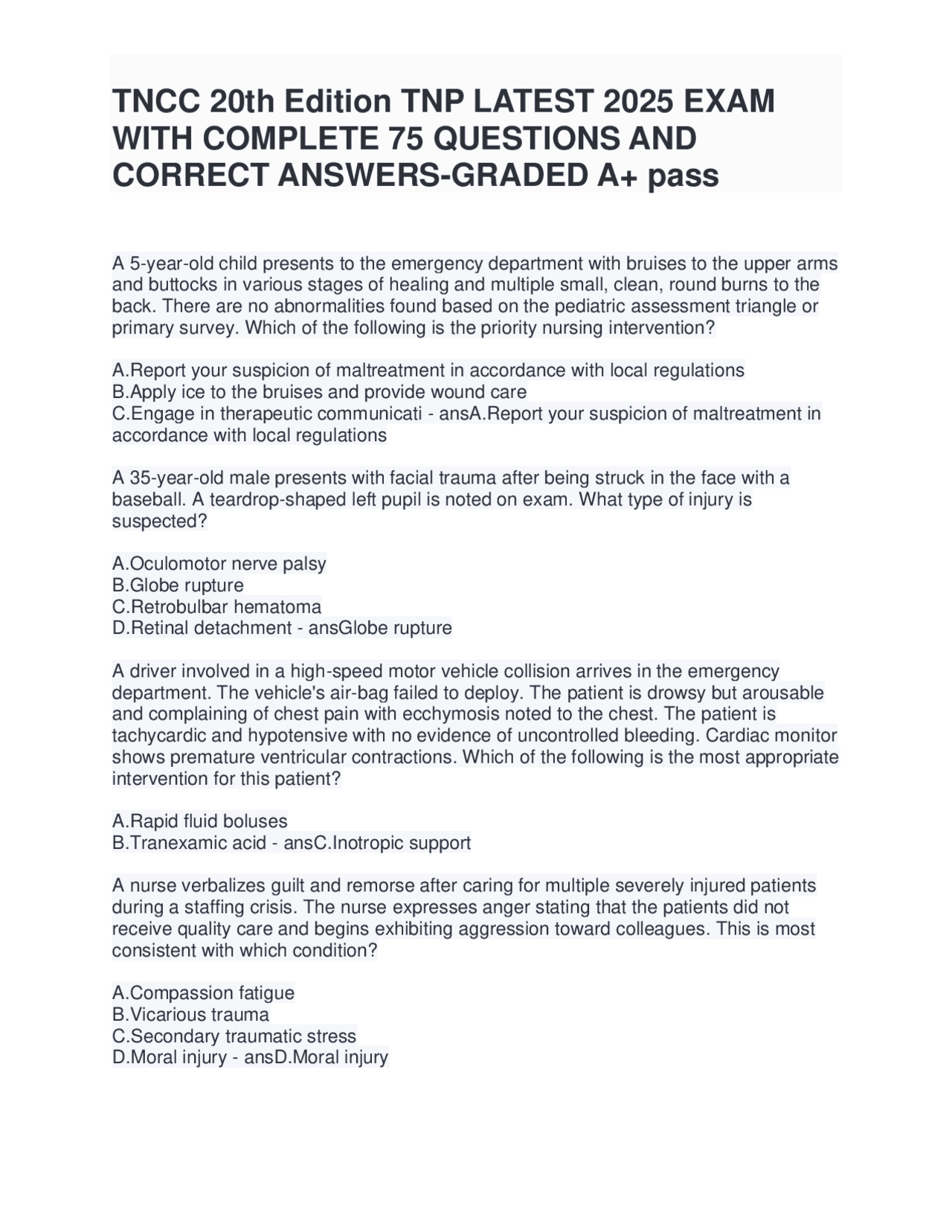 TNCC 20th Edition TNP LATEST 2025 EXAM WITH COMPLETE 75 QUESTIONS AND ...