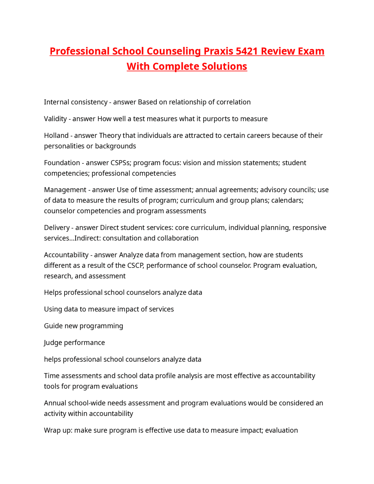 Professional School Counseling Praxis 5421 Review Exam With Complete ...