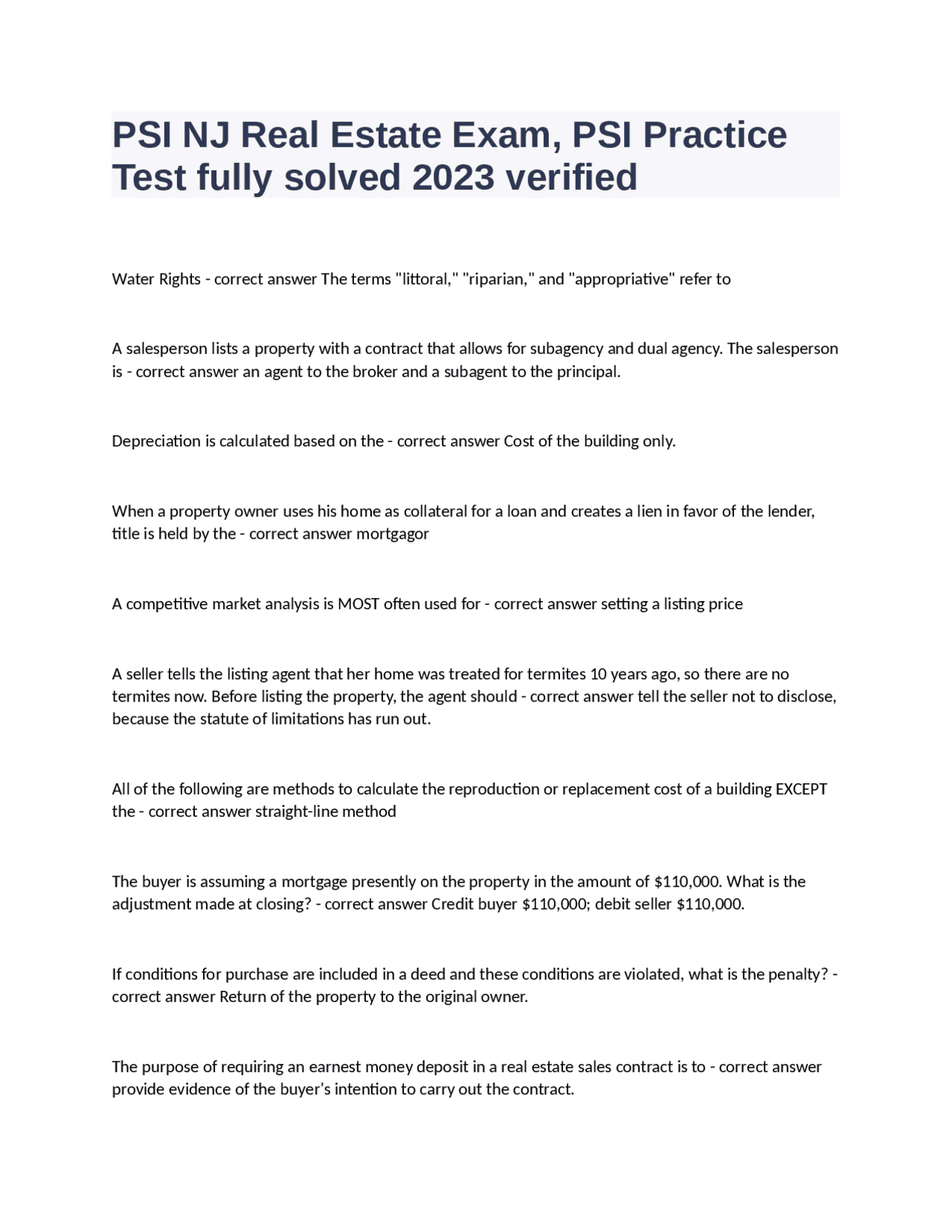 PSI NJ Real Estate Exam, PSI Practice Test fully solved 2 | Exams ...