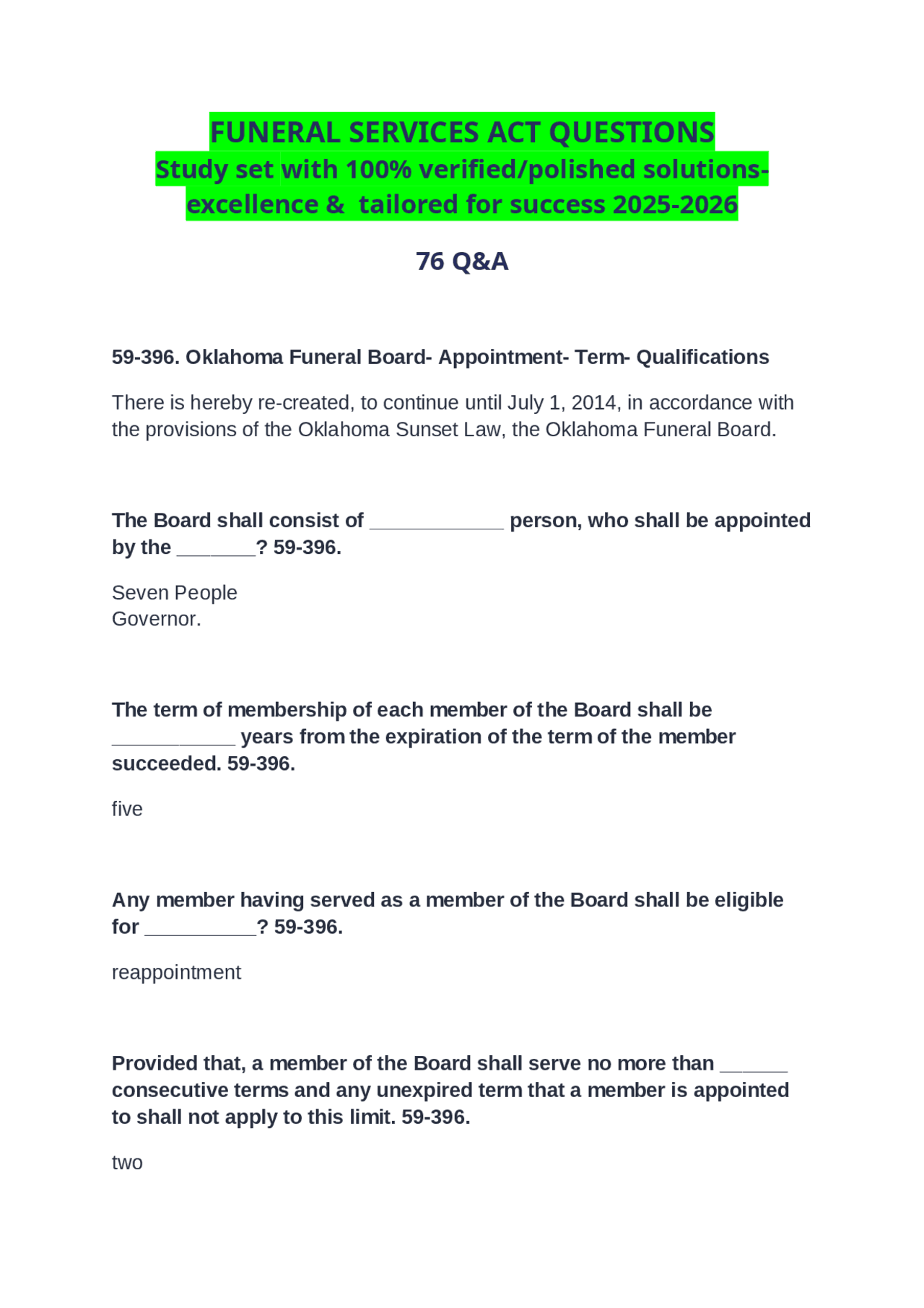 FUNERAL SERVICES ACT QUESTIONS Study set with 100% verified/polished ...