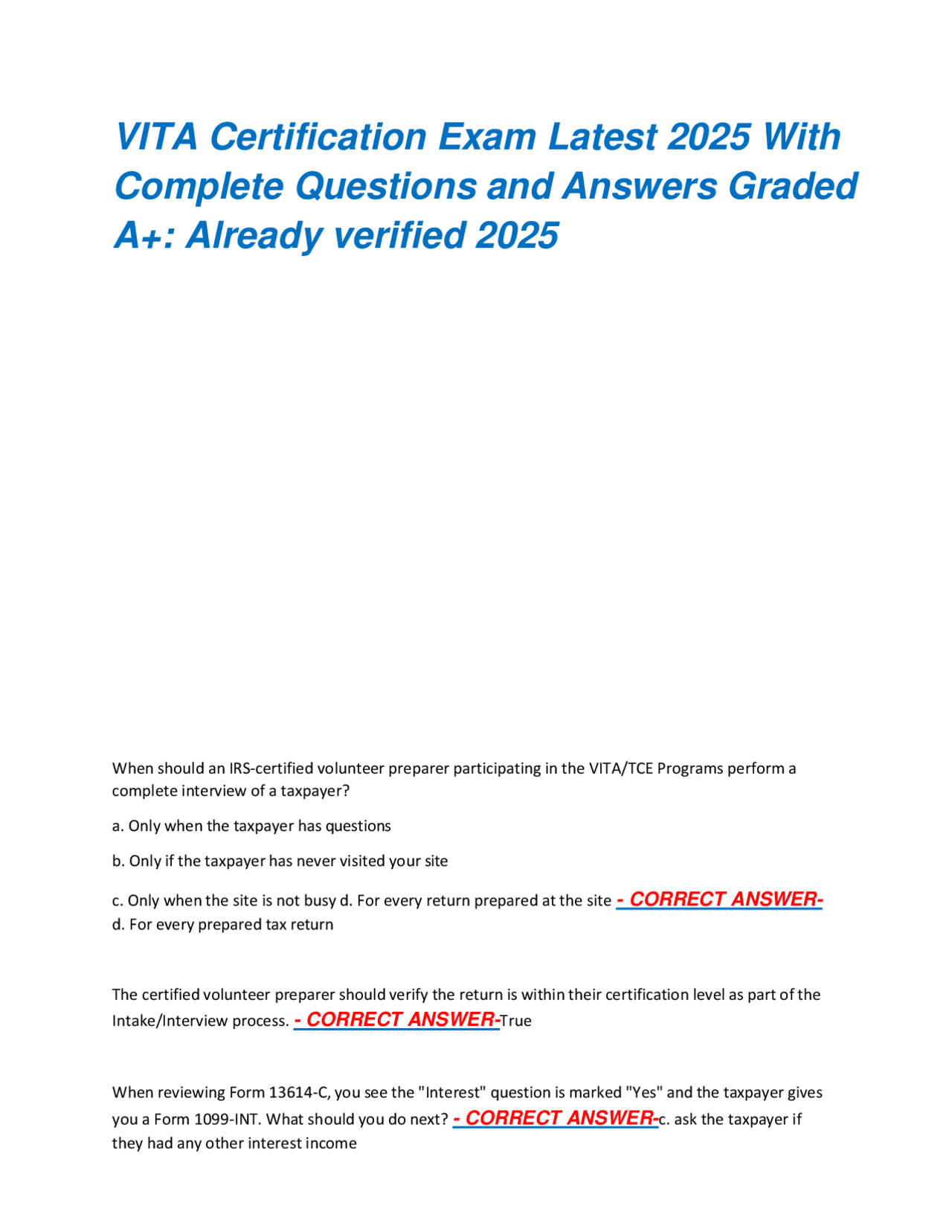 VITA Certification Exam Latest 2025 With Complete Questions and Answers ...