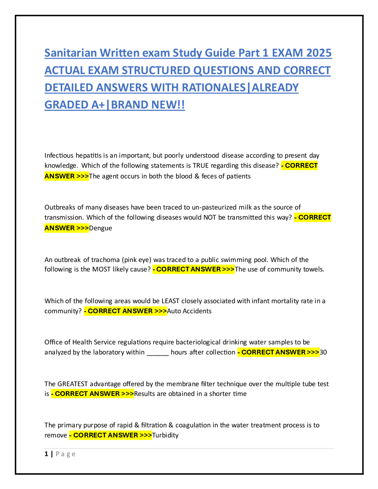 Sanitarian Written exam Study Guide Part 1 EXAM 2025 ACTUAL EXAM ...