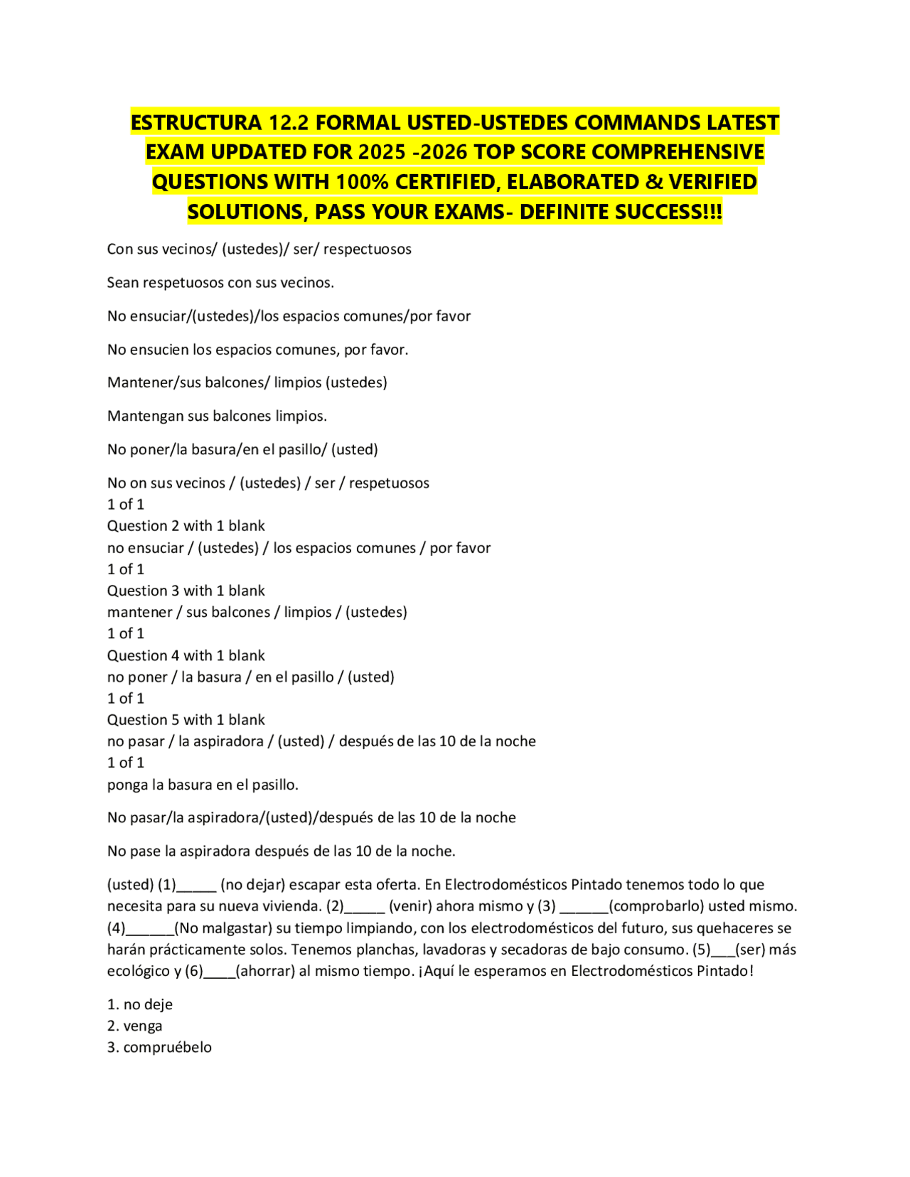 ESTRUCTURA 12.2 FORMAL USTED-USTEDES COMMANDS LATEST EXAM UPDATED FOR ...