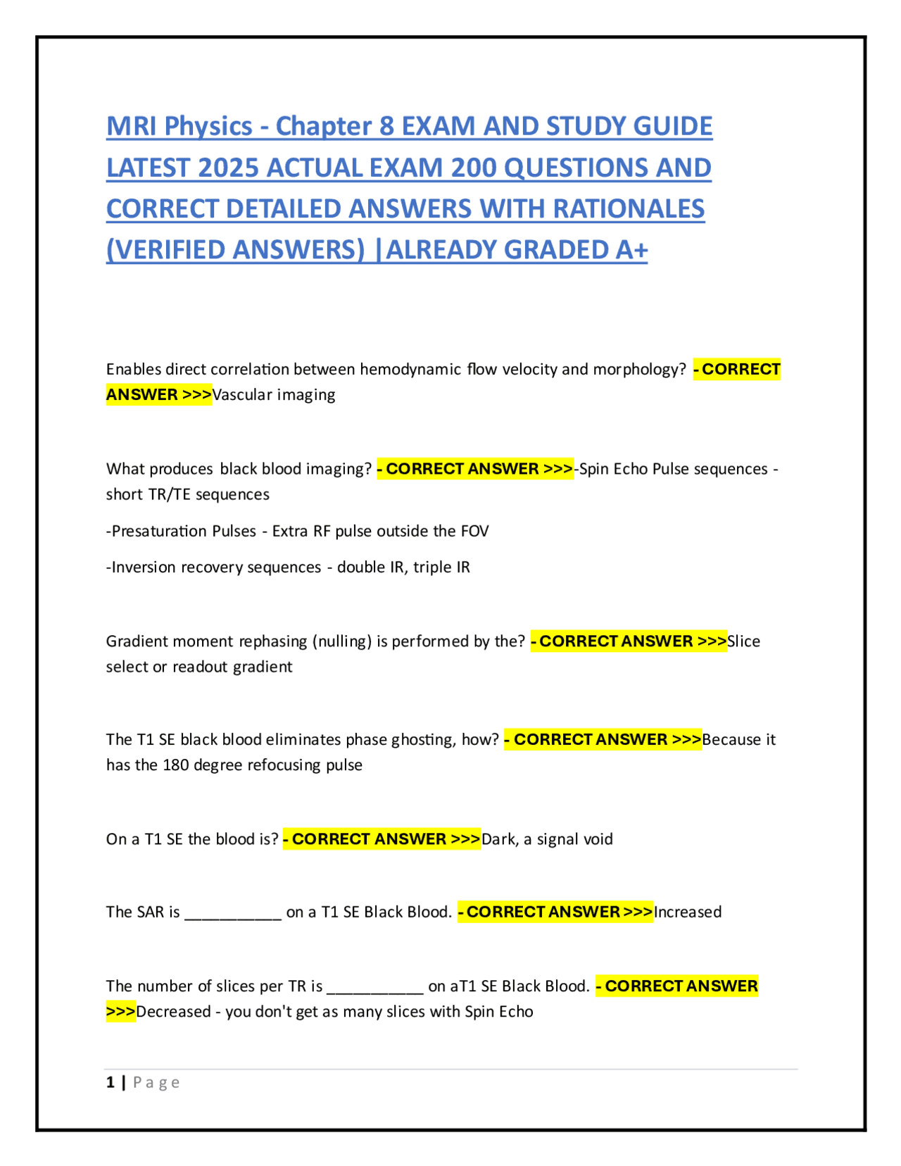 MRI Physics - Chapter 8 EXAM AND STUDY GUIDE LATEST 2025 ACTUAL EXAM ...