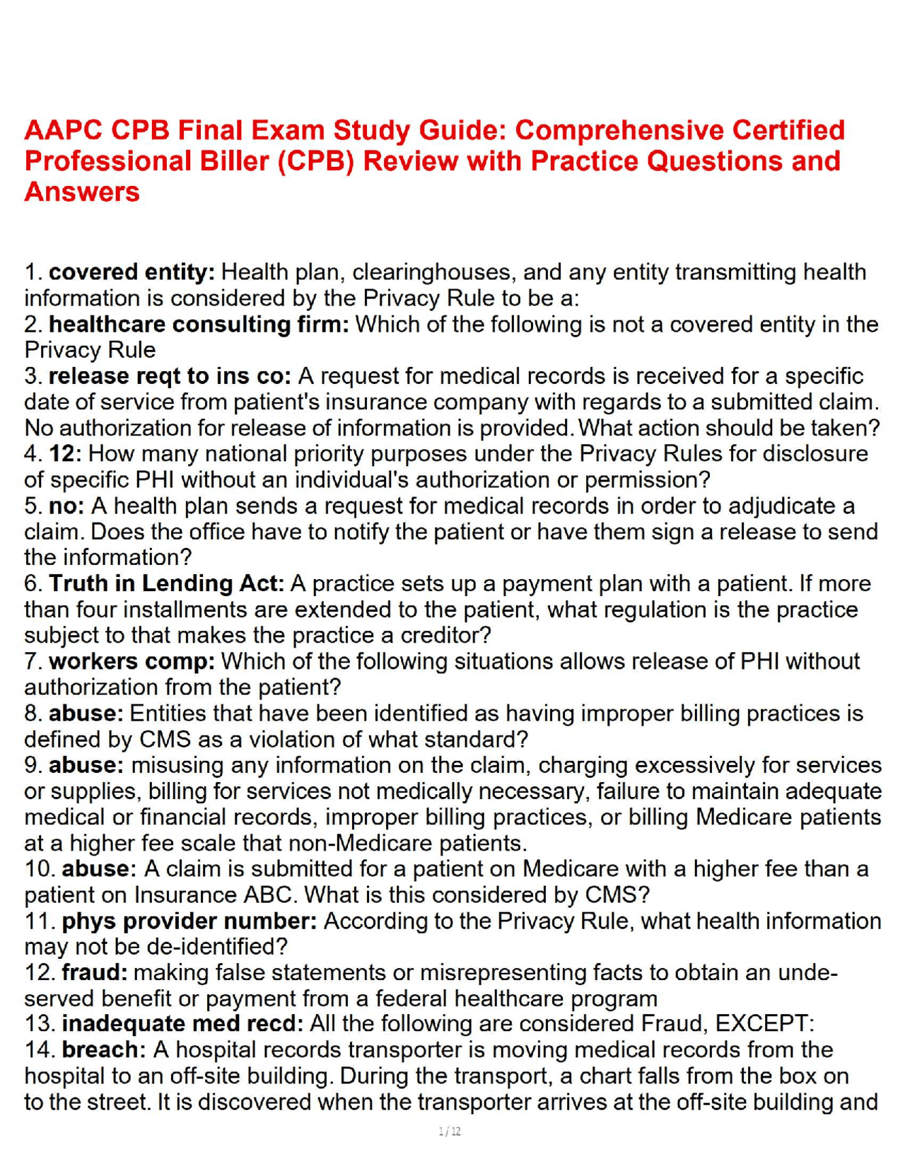 AAPC CPB Final Exam Study Guide Comprehensive Certified Professional ...