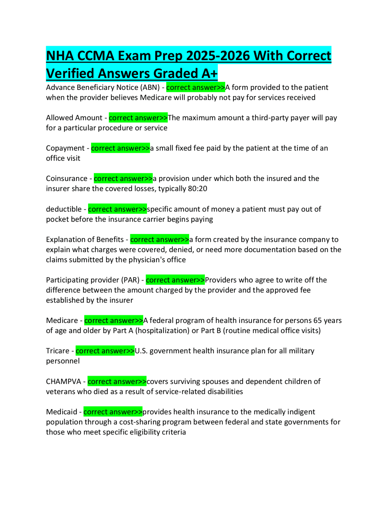 NHA CCMA Exam Prep 2025-2026 With Correct Verified Answers Graded A+ ...