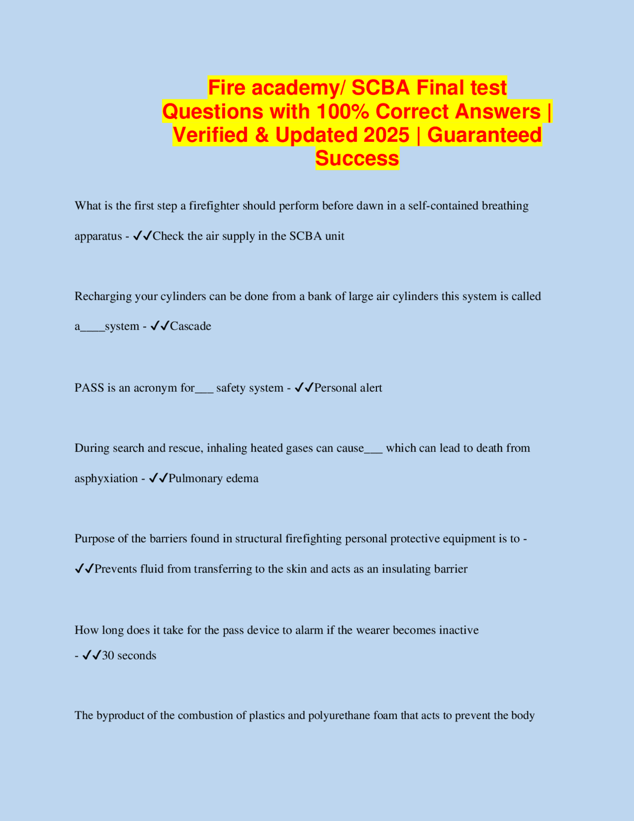 Fire academy/ SCBA Final test Questions with 100% Correct Answers ...