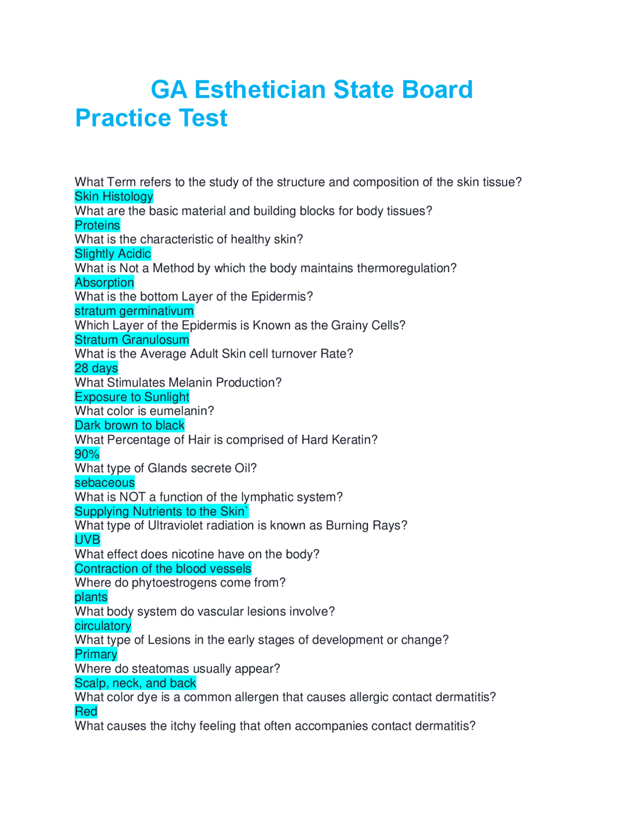 GA Esthetician State Board Practice Test Questions and answers complete ...
