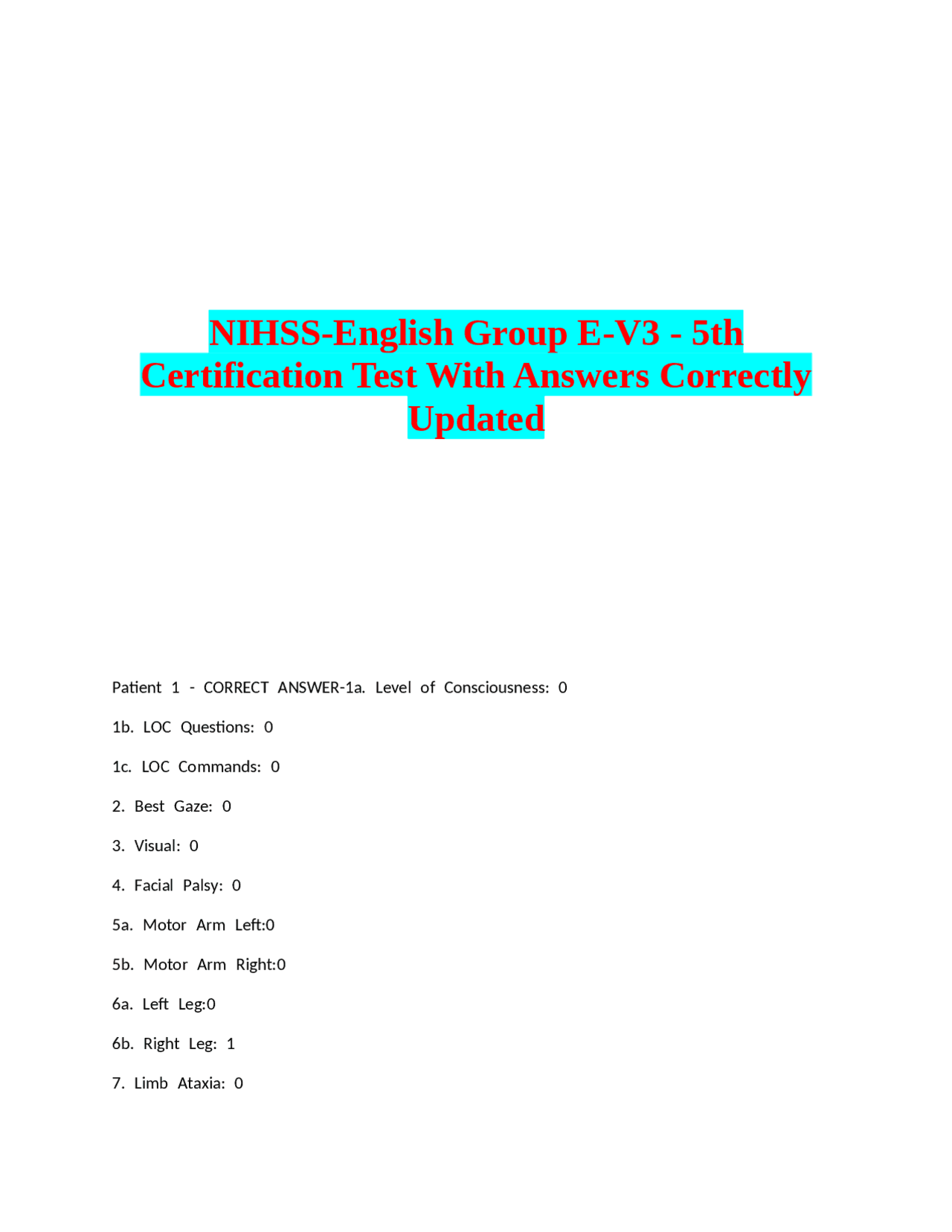 NIHSS-English Group E-V3 - 5th Certification Test With Answers ...