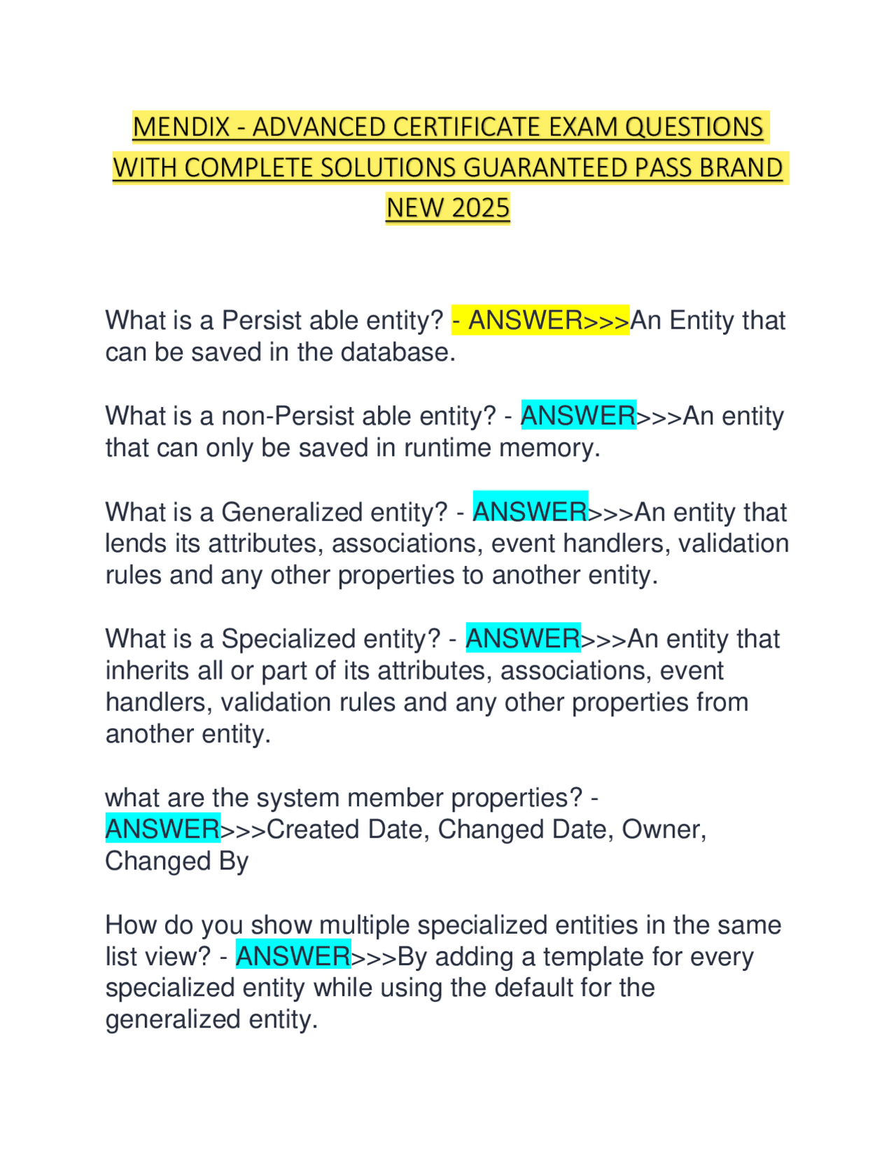 MENDIX - ADVANCED CERTIFICATE EXAM QUESTIONS WITH COMPLETE SOLUTIONS ...