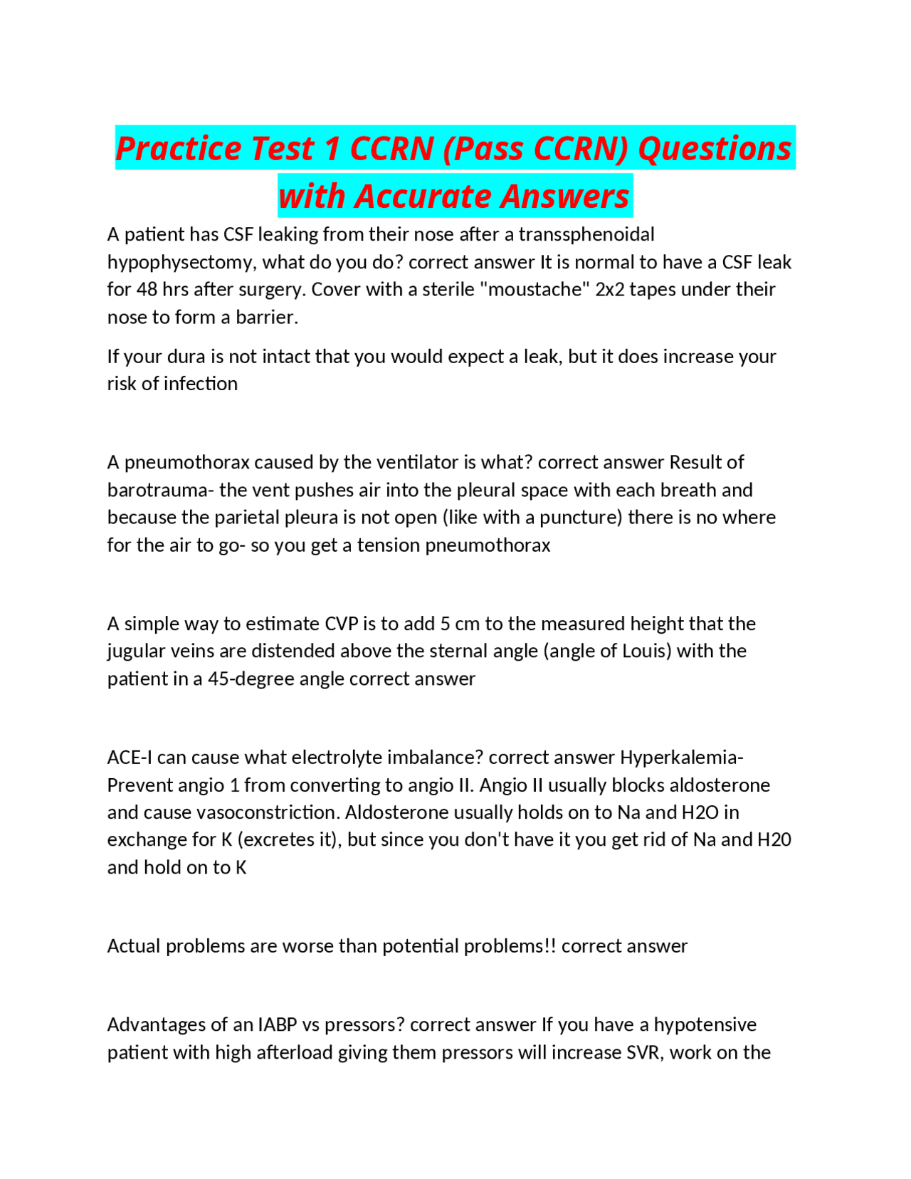 Practice Test 1 CCRN (Pass CCRN) Questions with Accurate Answers ...