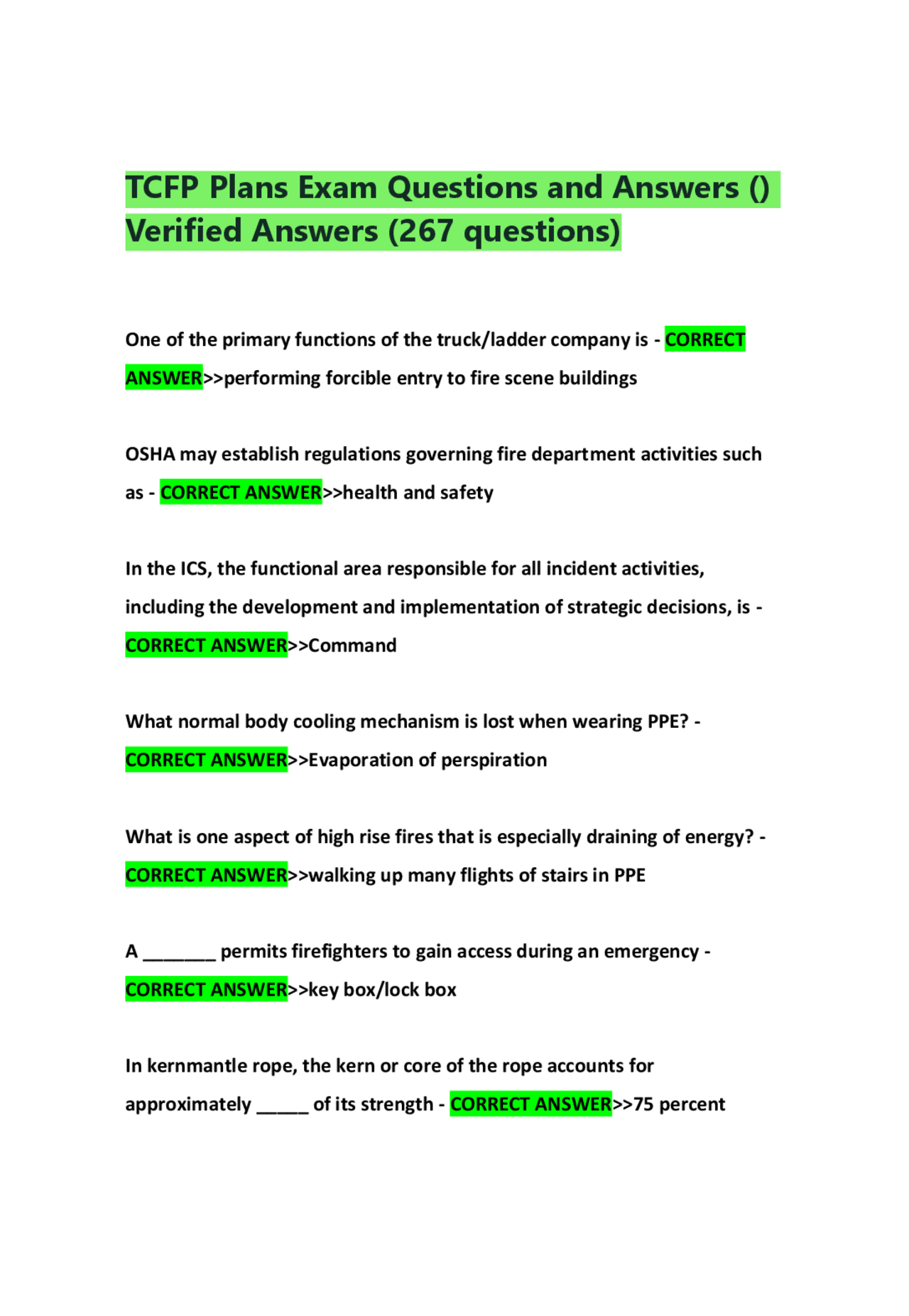 TCFP Plans Exam Questions and Answers () Verified Answers (267 ...