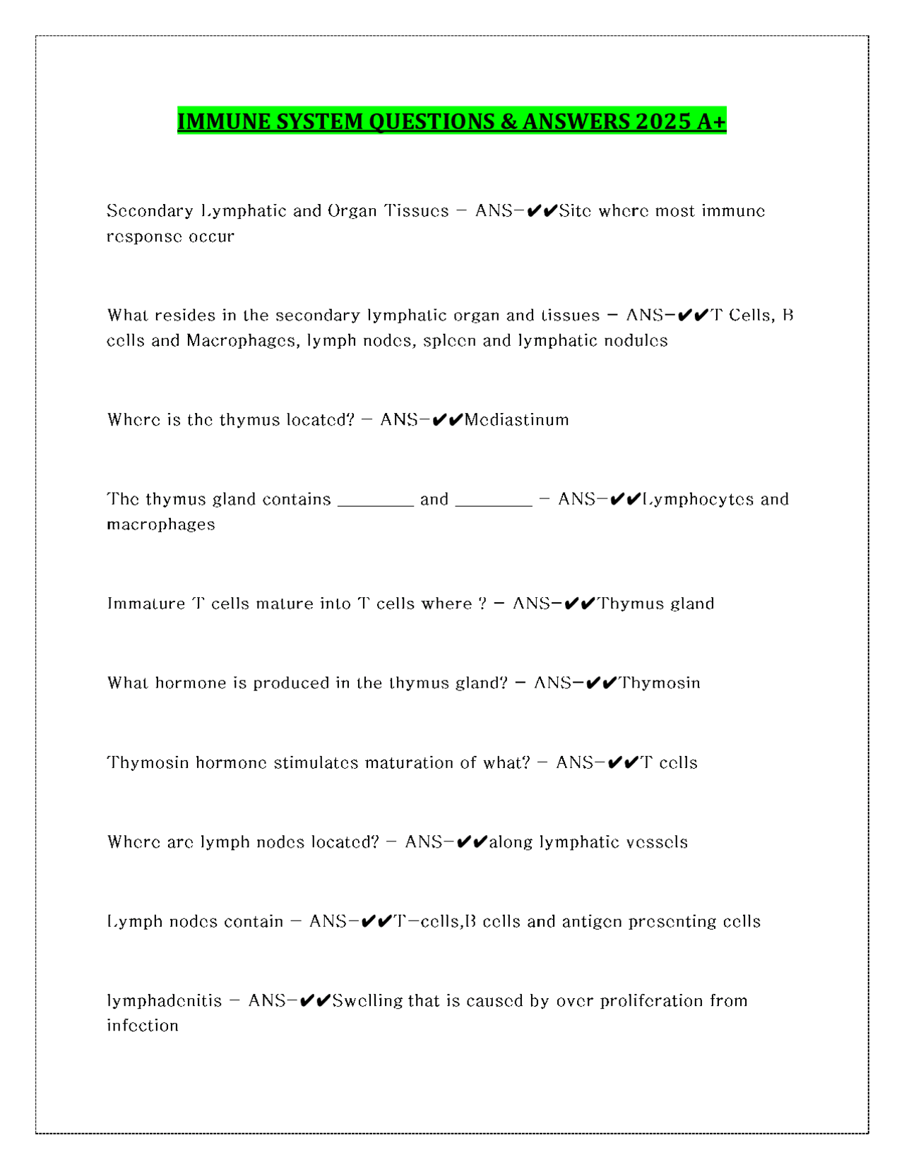 IMMUNE SYSTEM QUESTIONS & ANSWERS 2025 A+ | Exams Nursing | Docsity